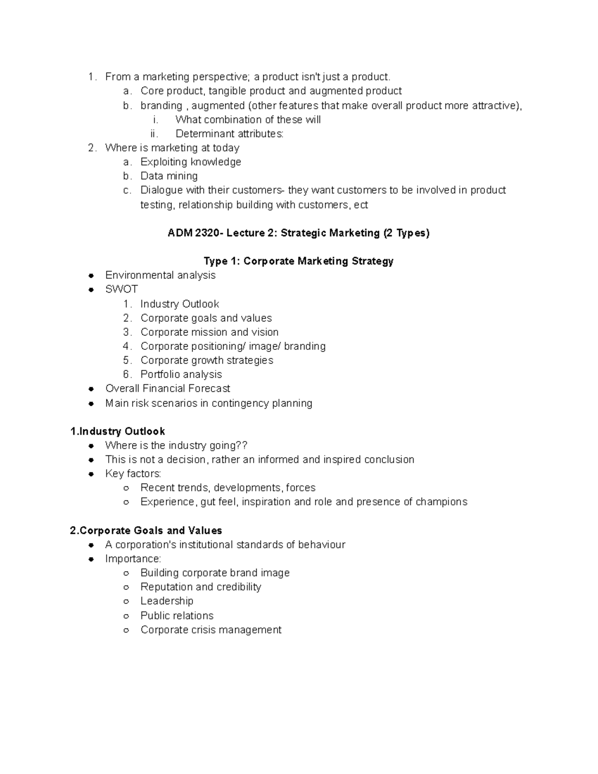 ADM 2320- Lecture 2 Strategic Marketing - From a marketing perspective ...