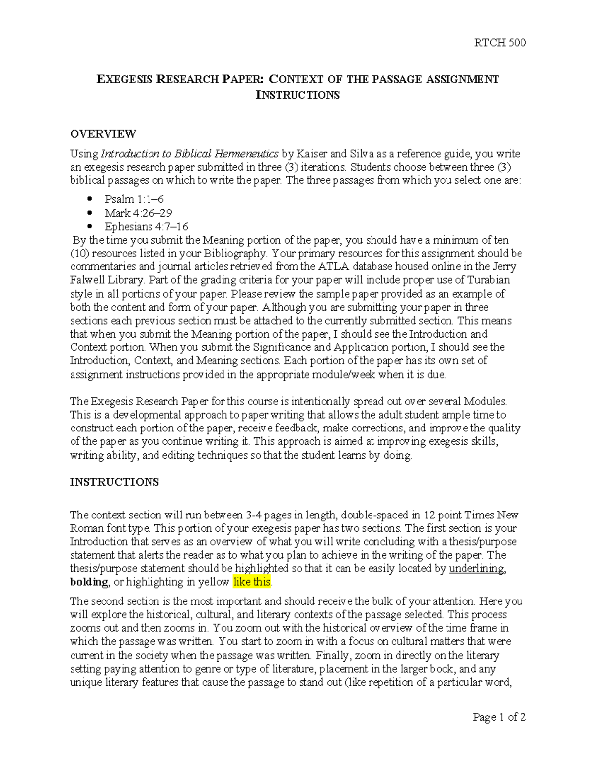 Exegesis Research Paper Context of the Passage Assignment Instructions ...