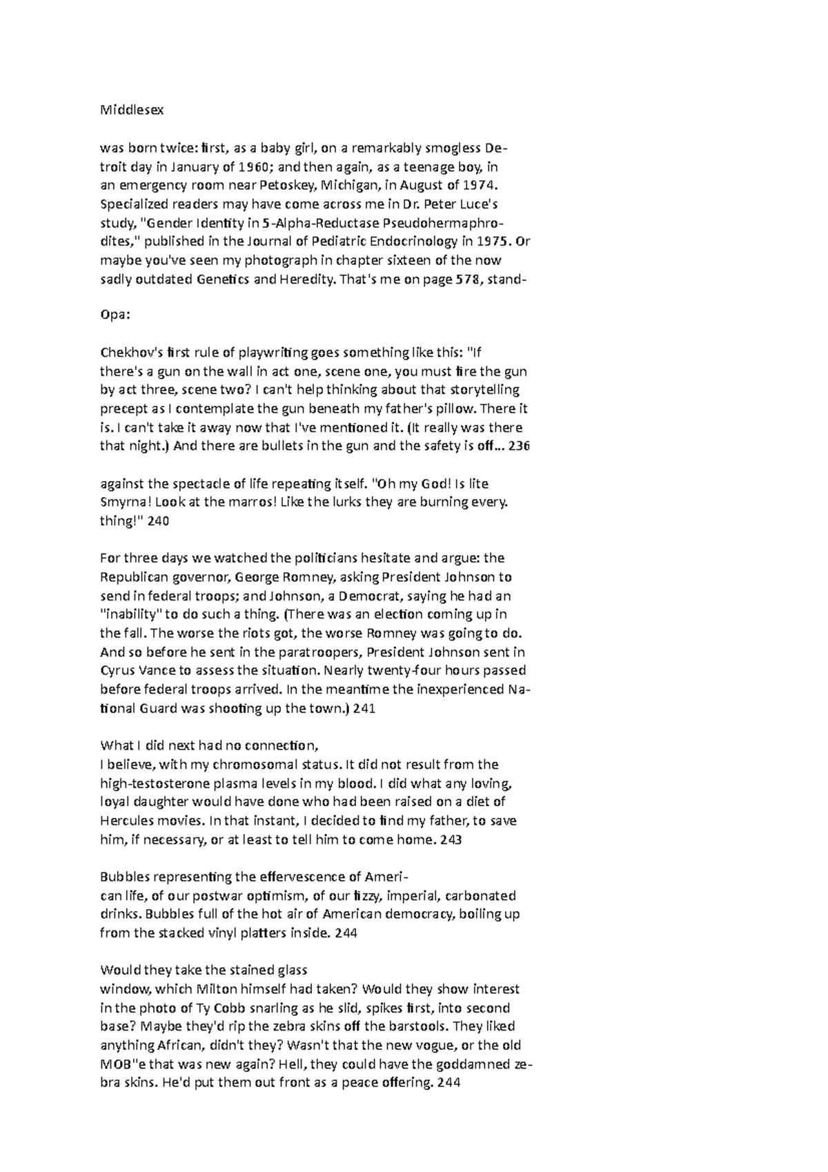 Middlesex - lots of key quotes from novel - Middlesex was born twice ...