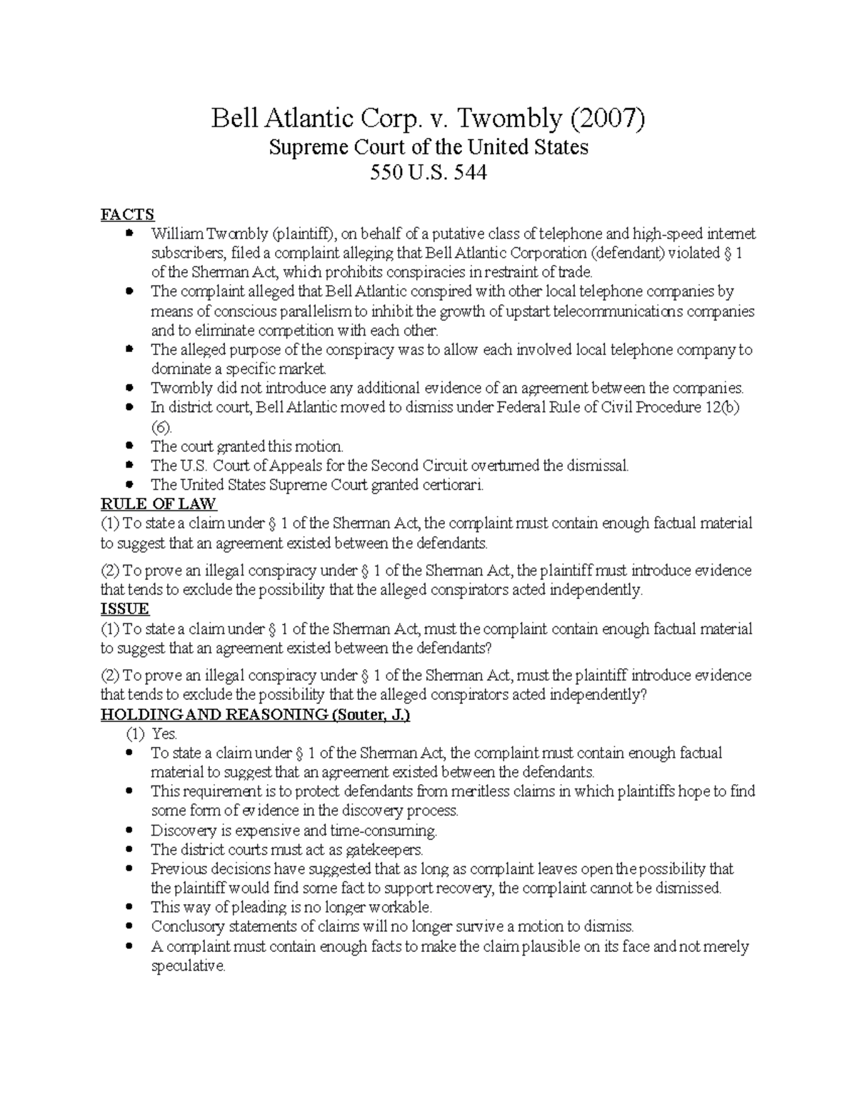 Bell Atlantic Corp v Twombly - Bell Atlantic Corp. v. Twombly (2007 ...