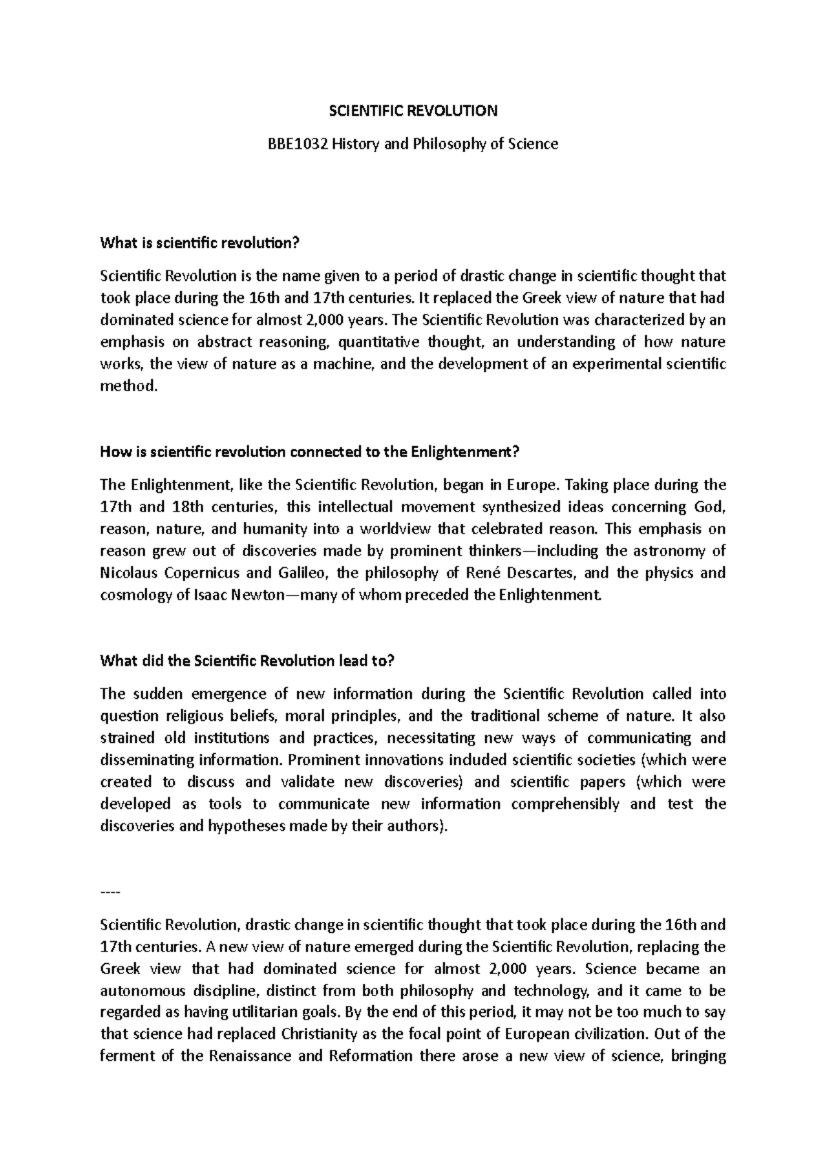 Scientific Revolution notes - SCIENTIFIC REVOLUTION BBE1032 History and ...