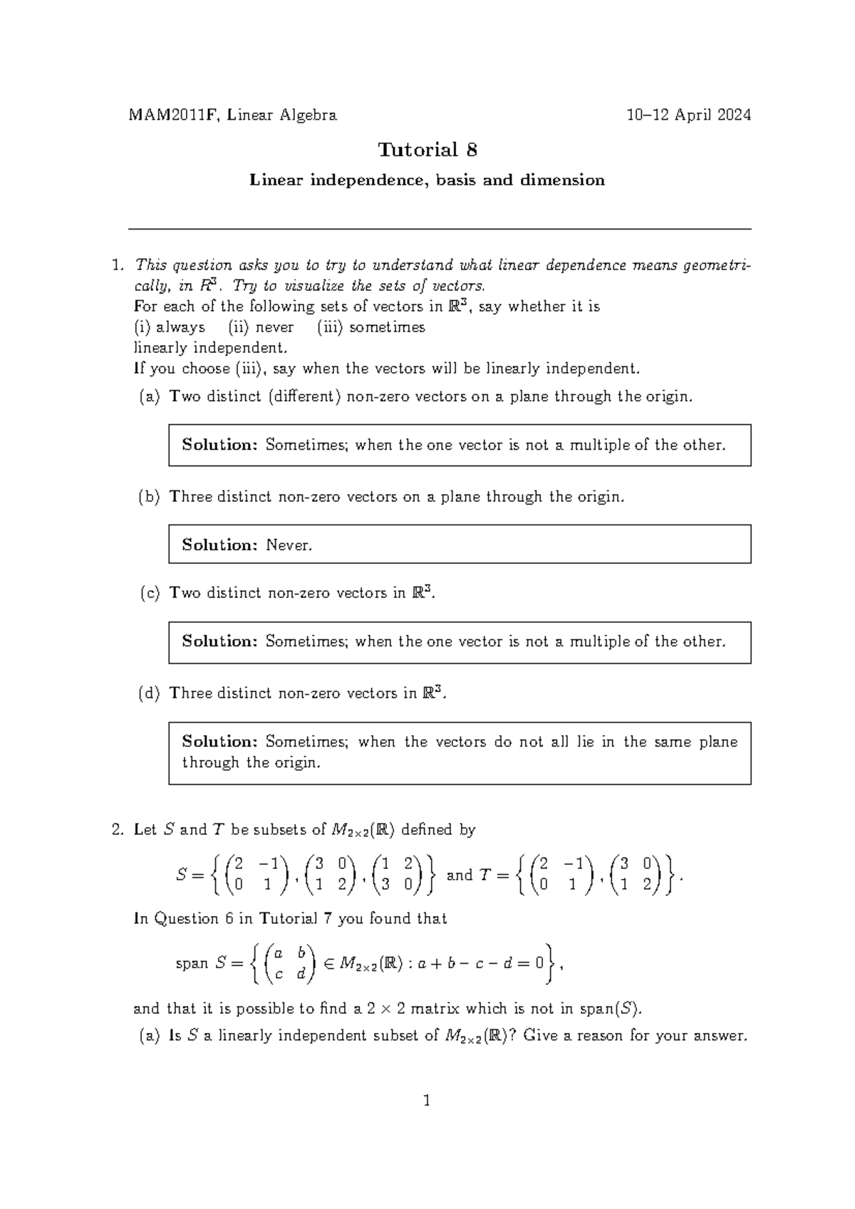 Tutorial 08 - Solutions - MAM2011F, Linear Algebra 10–12 April 2024 ...