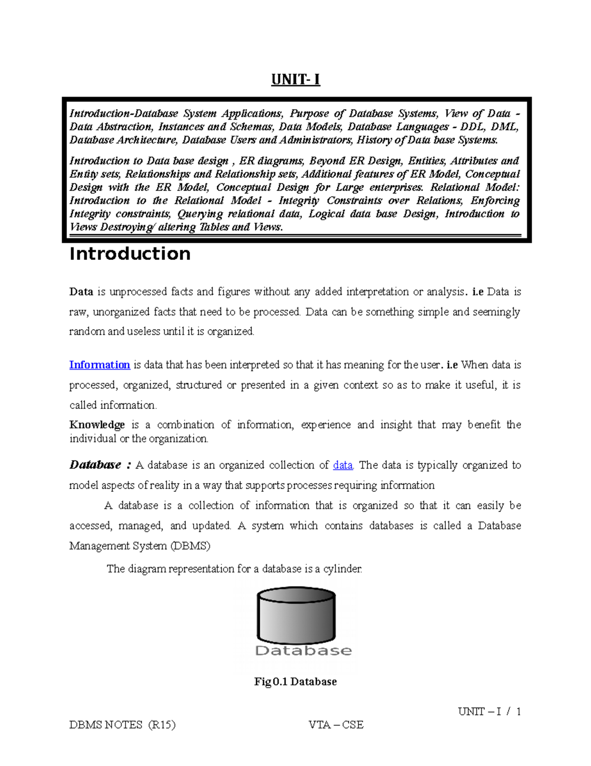 Unit 1 notes - eswar-DBMS - UNIT- I Introduction-Database System ...