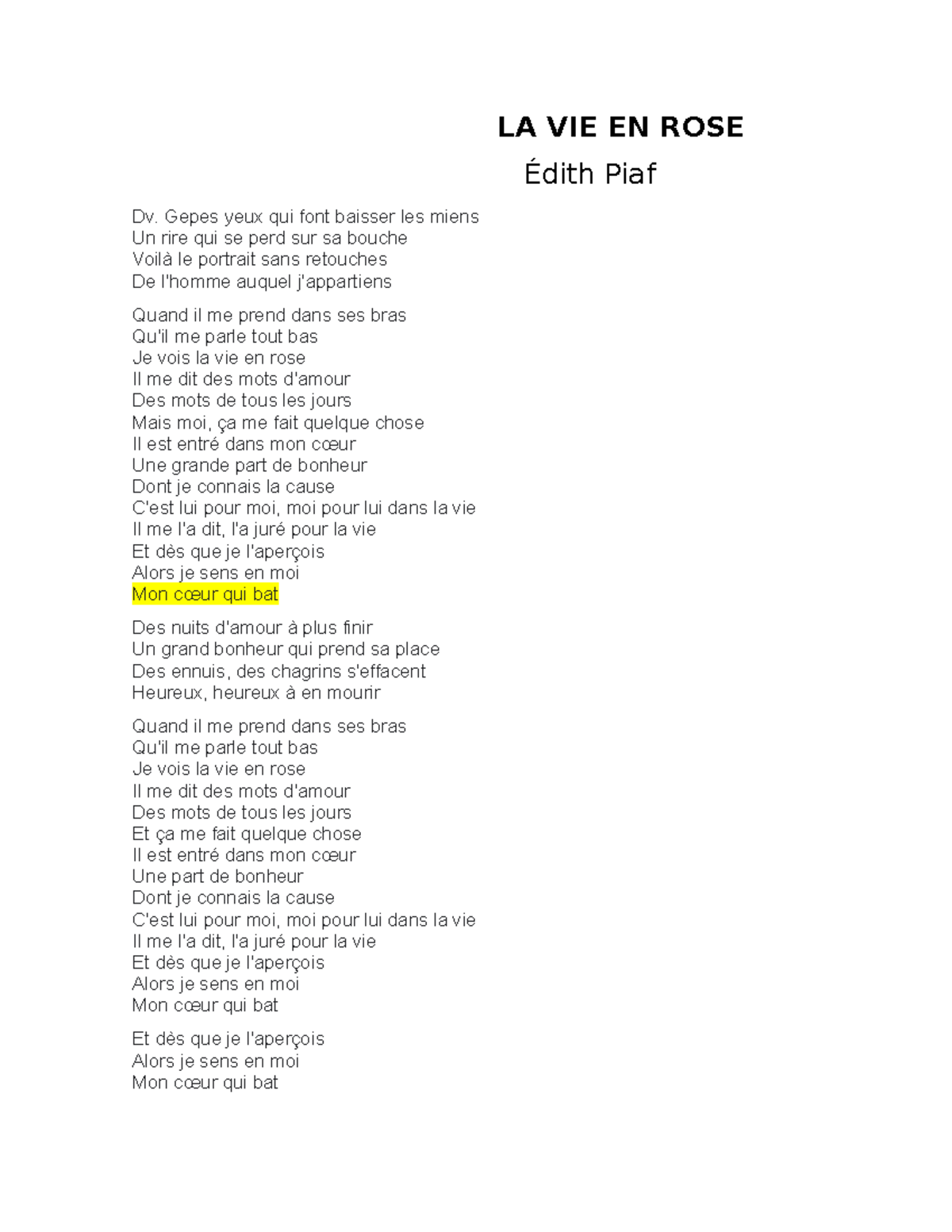 La Vie en Rose - cancion en frances - LA VIE EN ROSE Édith Piaf Dv ...