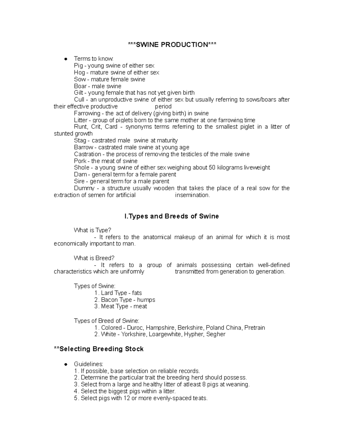 Animal Science Swine Production - SWINE PRODUCTION Terms to know: Pig ...