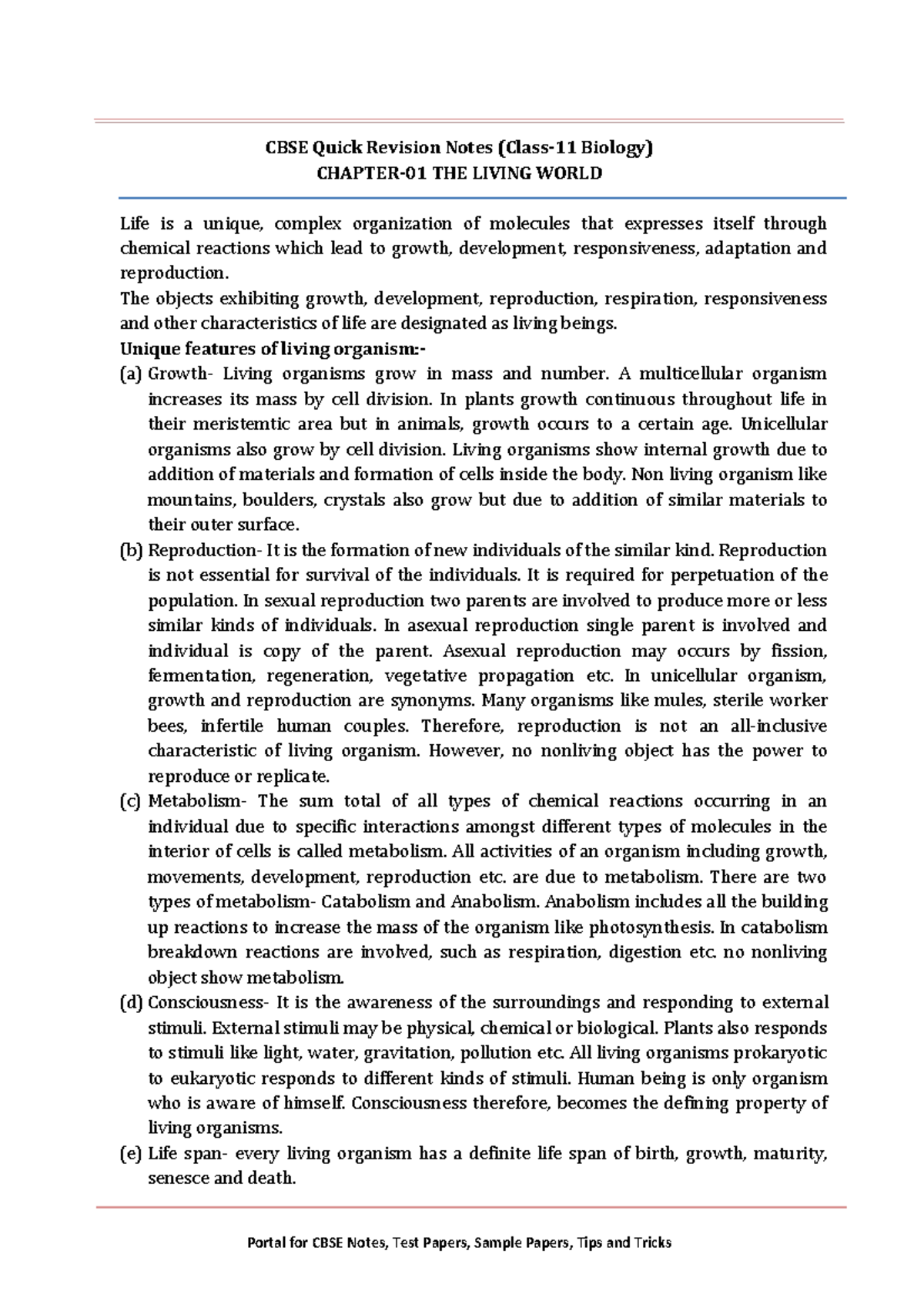 11 biology notes ch01 the living world - CBSE Quick Revision Notes ...