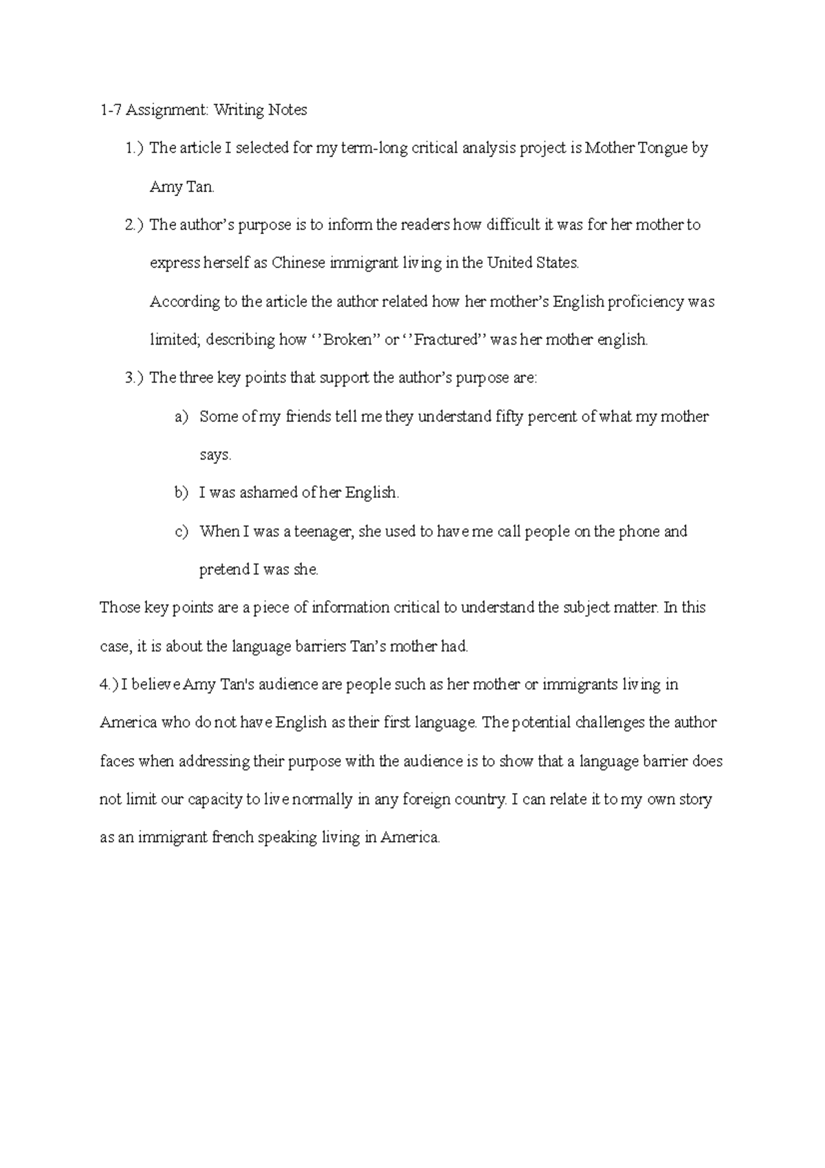 1-7 Assignment - Academic - 1-7 Assignment: Writing Notes 1.) The ...