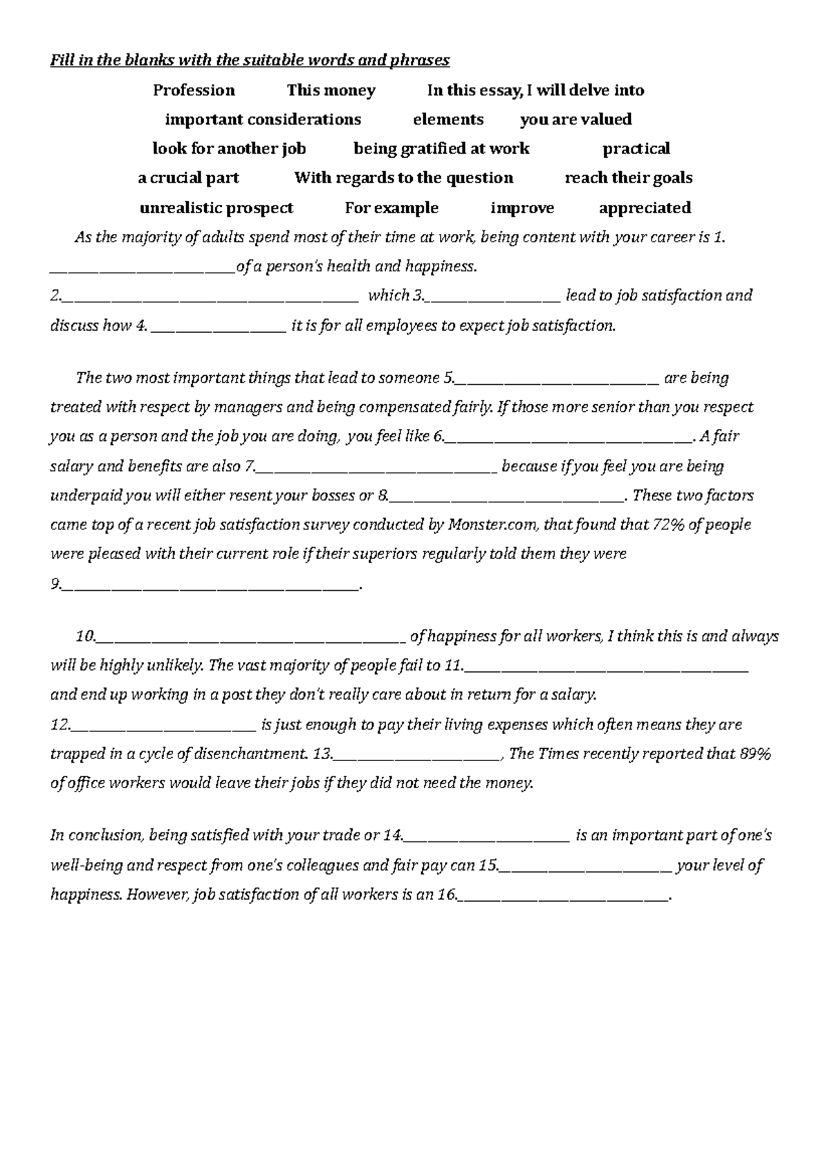 001B TWO-PART Question Essay - Gapped FILL - Fill in the blanks with ...