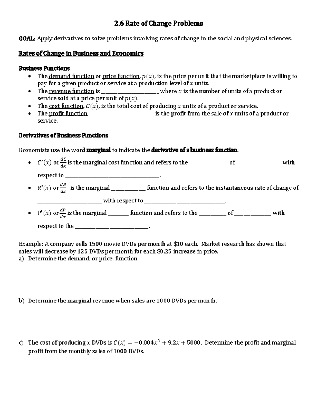 Math cycle 4 lesson 2 - math notes - 2 Rate of Change Problems GOAL ...