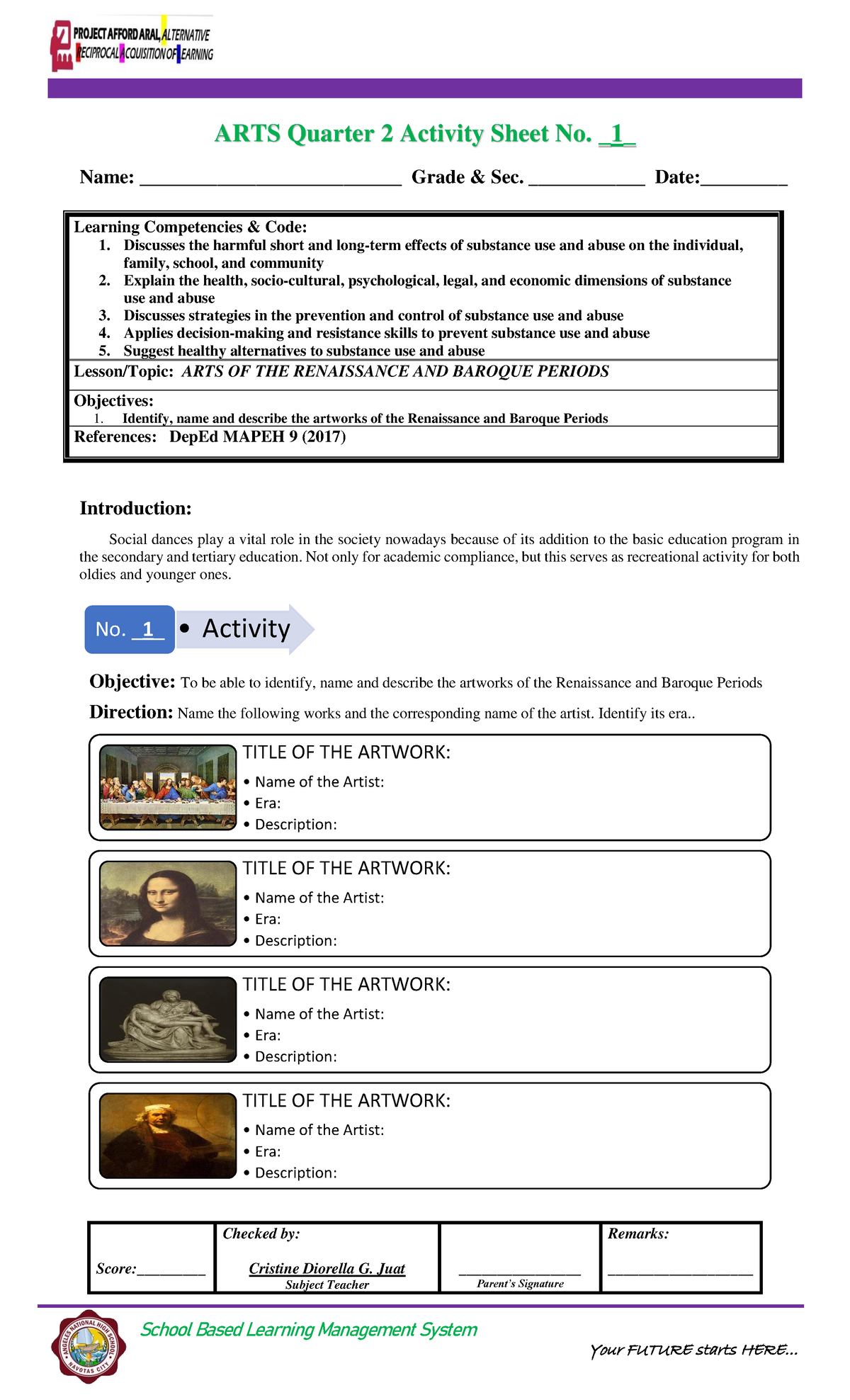Mapeh Activity Sheets - School Based Learning Management System Your ...