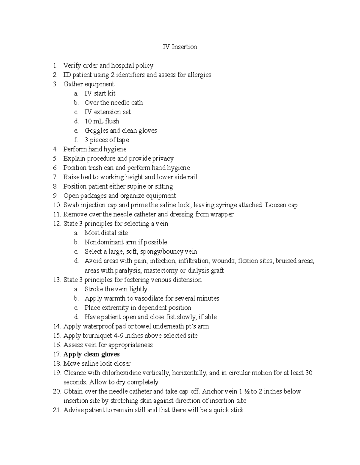 IV Insertion Script - IV Insertion Verify order and hospital policy ID ...