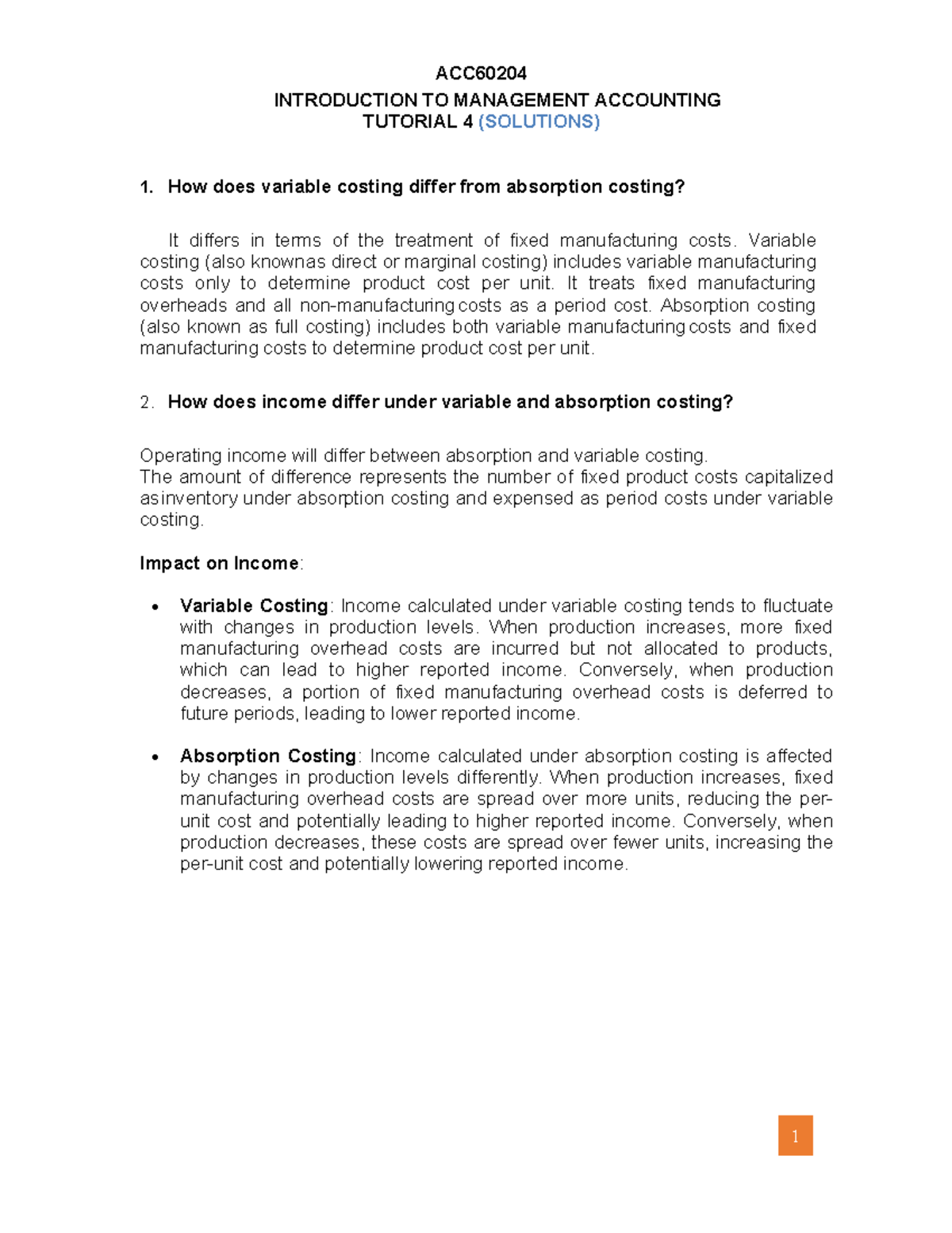 IMA Tutorial 4 (A) - Answers - ACC INTRODUCTION TO MANAGEMENT ...