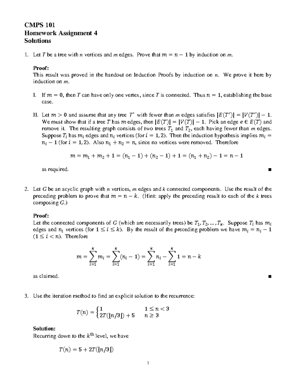 Hw4solns - Solutions to homework 4 - CMPS 101 Homework Assignment 4 Solutions 1. Let T be a tree ...