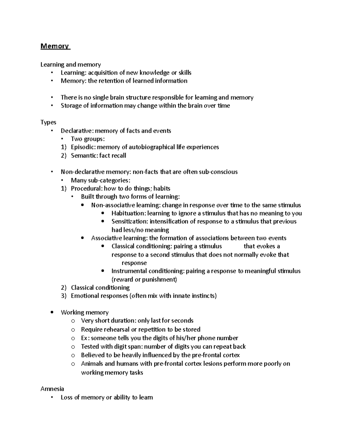 Lec 7- Memory - Notes from Dr. Bielefeld's lecture on the brain and ...