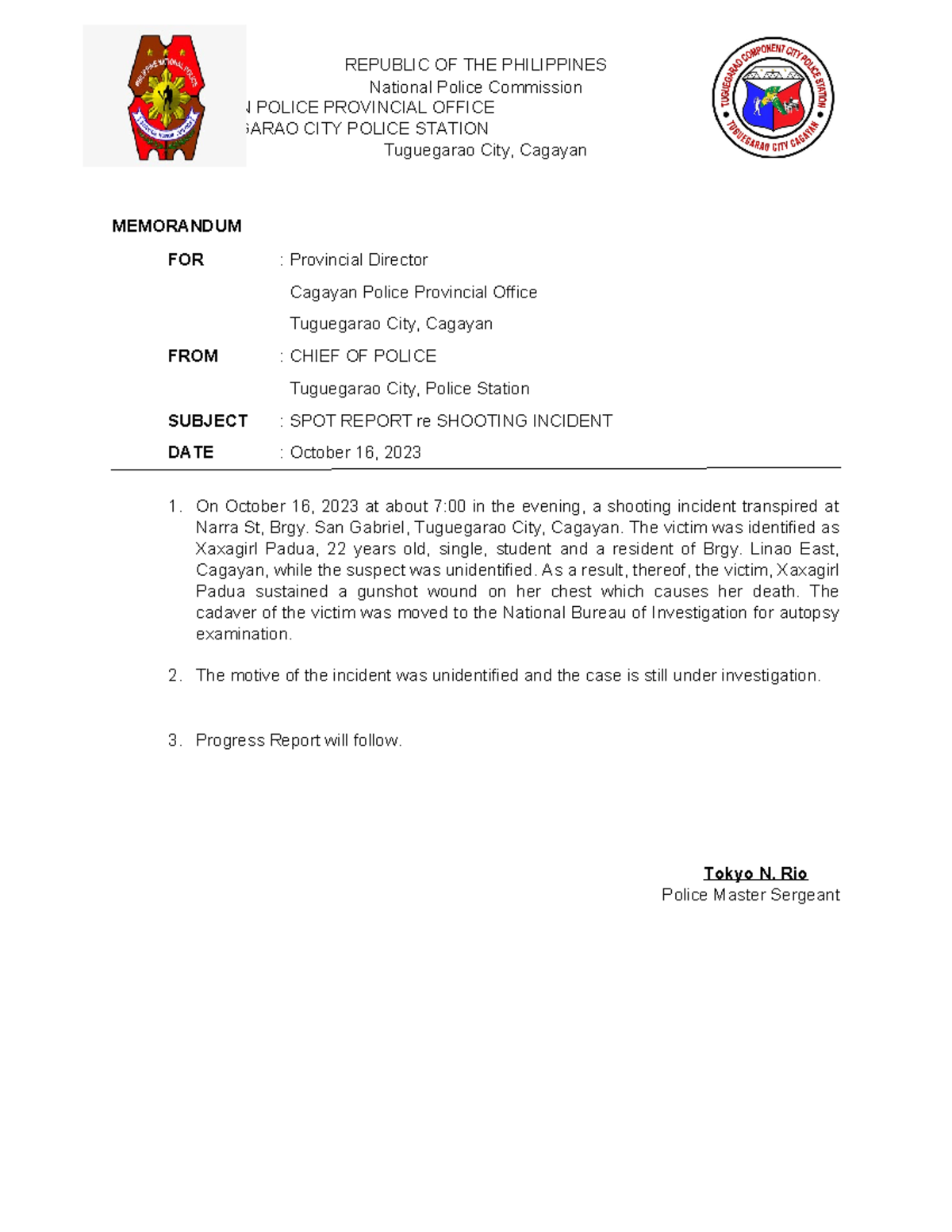 Spot Report - REPUBLIC OF THE PHILIPPINES National Police Commission ...