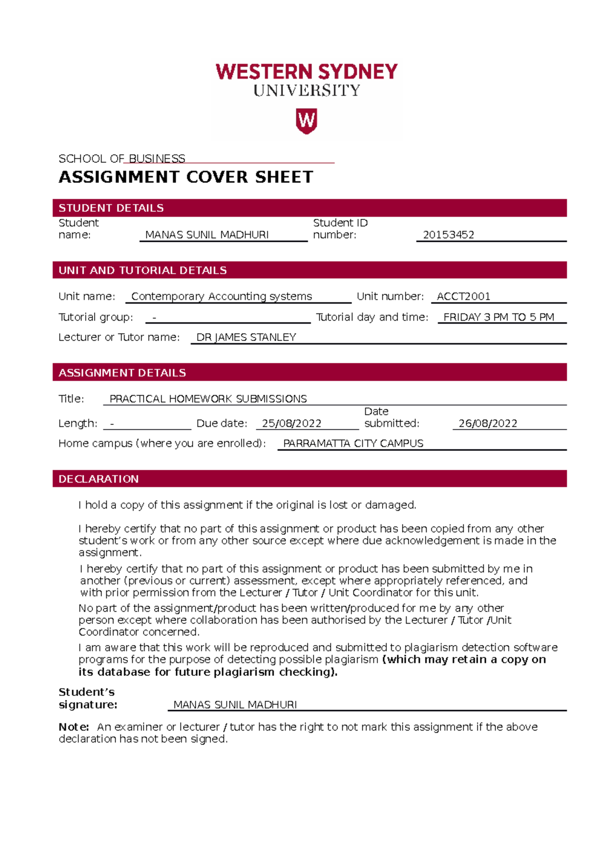 Week 5 HW and Reflection - SCHOOL OF BUSINESS ASSIGNMENT COVER SHEET ...