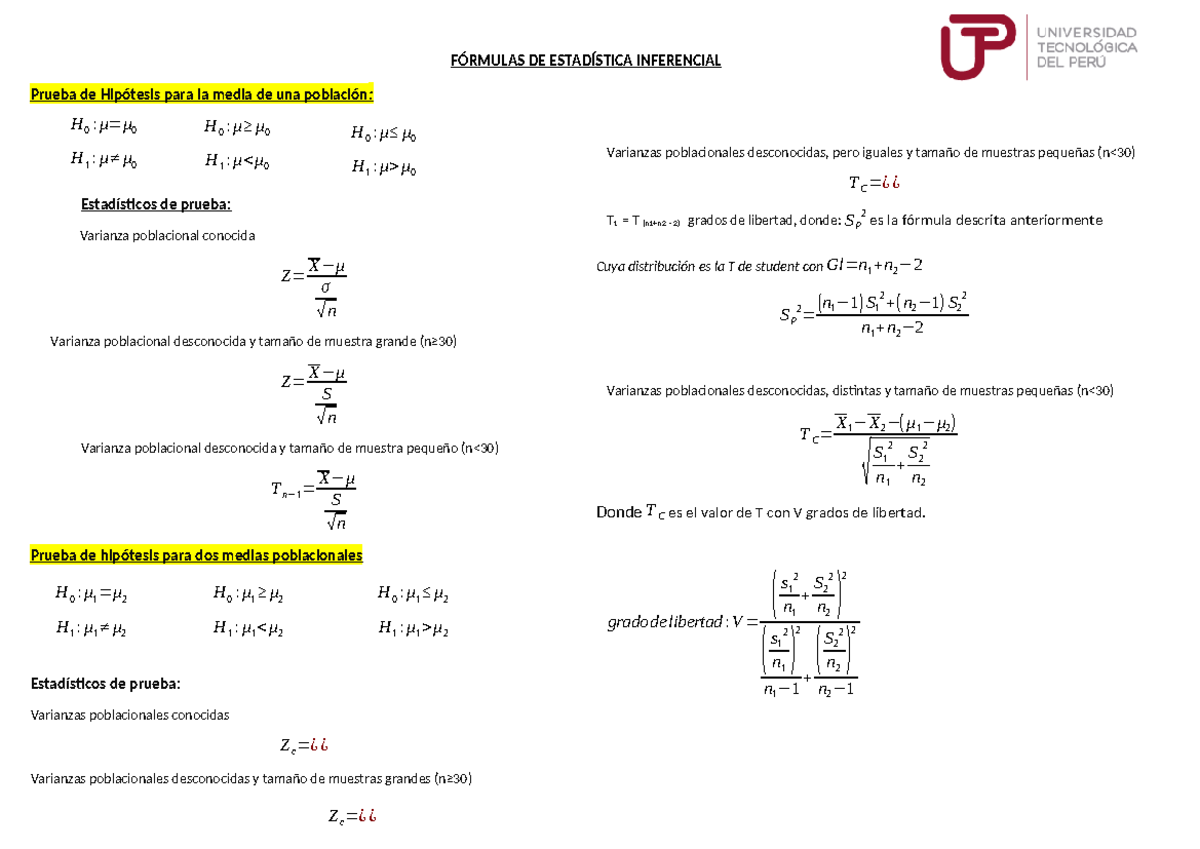 Formulario DE Estadística Inferencial - Actualizado - FÓRMULAS DE ESTADÍSTICA INFERENCIAL Prueba ...