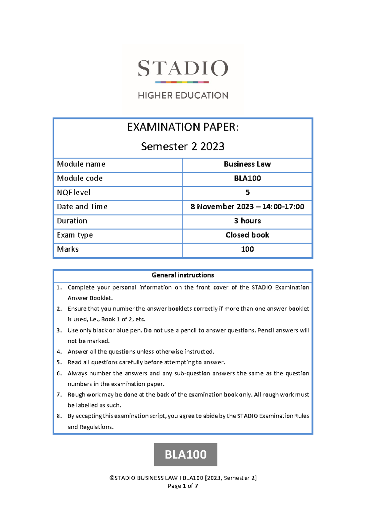 BLA100 2023 02 Exam Paper updated - ©STADIO BUSINESS LAW I BLA100 [2023 ...