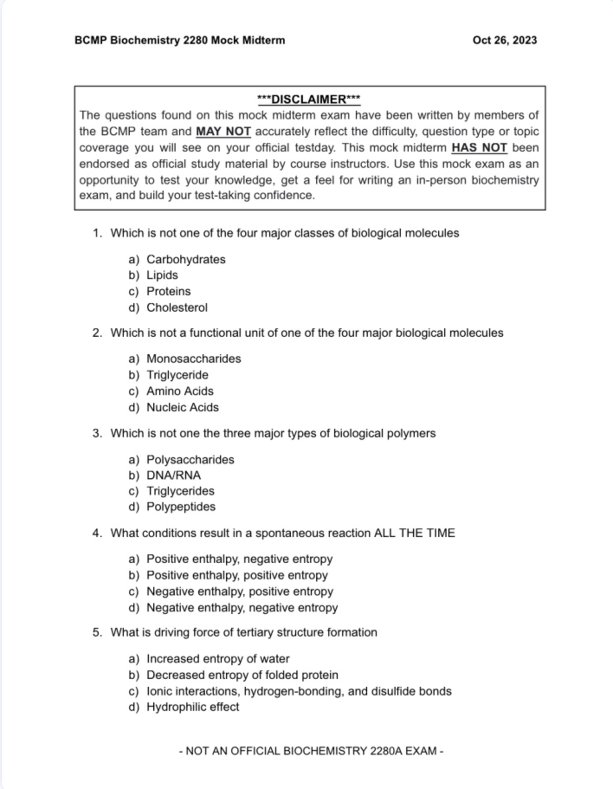 2280 Mock Midterm - BCMP Biochemistry 2280 Mock Midterm Oct 26, 2023 ...