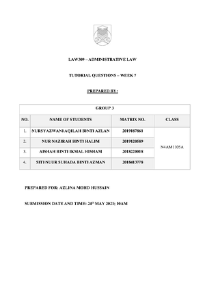 LAW 309 TUTO WEEK 4 - tutorial work - PART B: SUBSIDIARY LEGISLATION ...