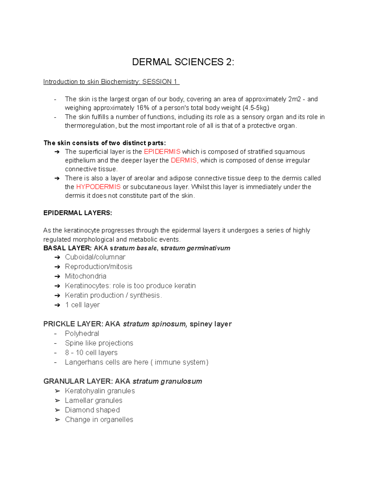 Dermal Sciences 2 - lecturer notes - DERMAL SCIENCES 2: Introduction to ...