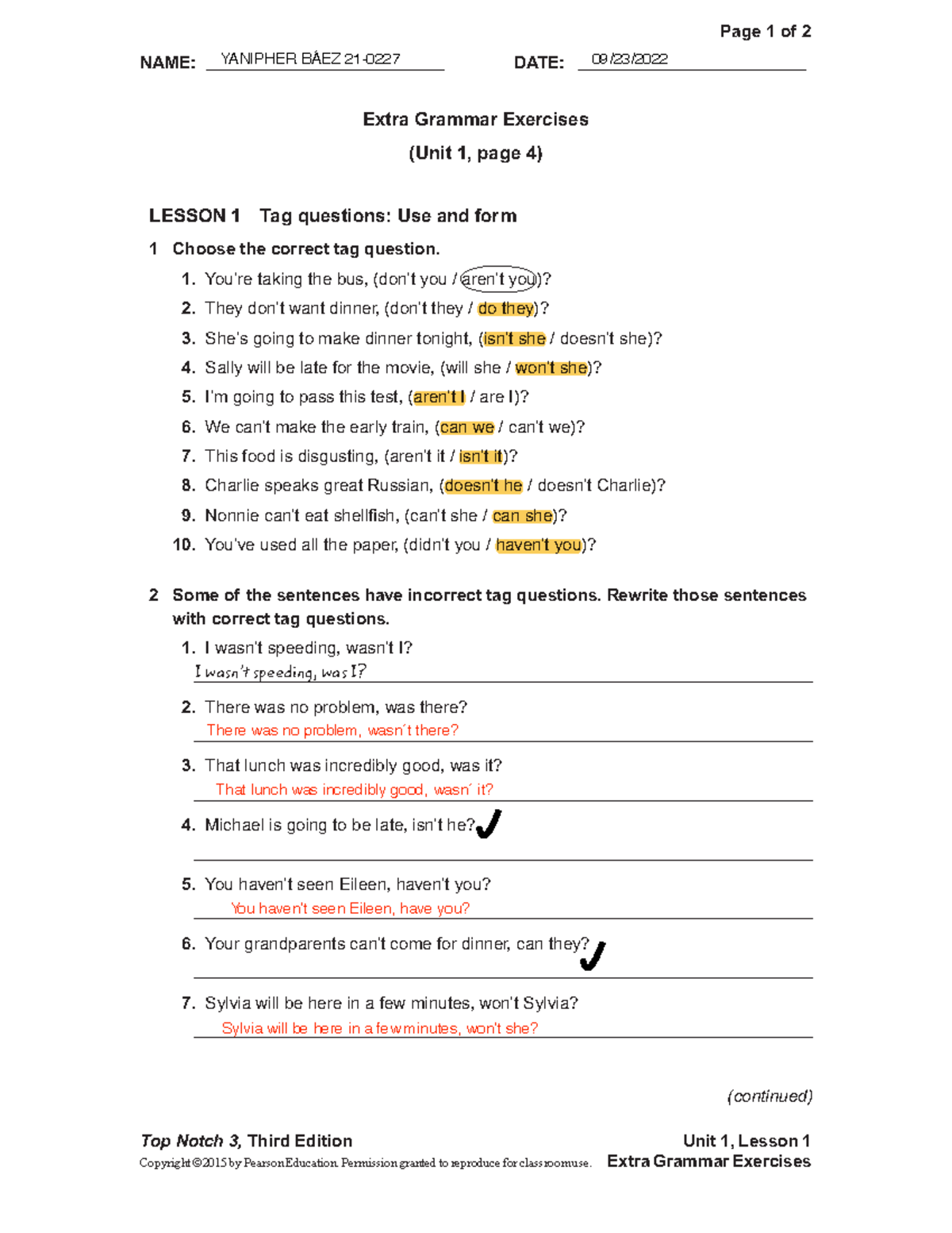 UNIT 01 Extra Gram Exercises (2) - NAME: _________________________ DATE ...