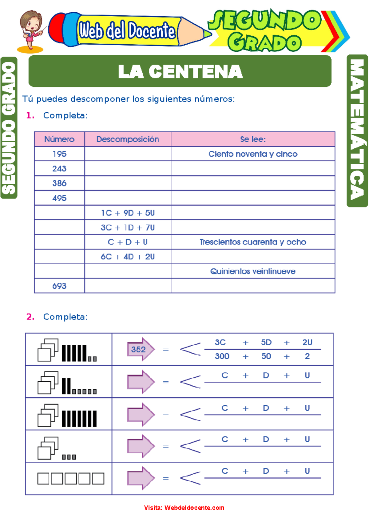Unidad Decena Centena para Segundo Grado de Primaria - Tú puedes ...