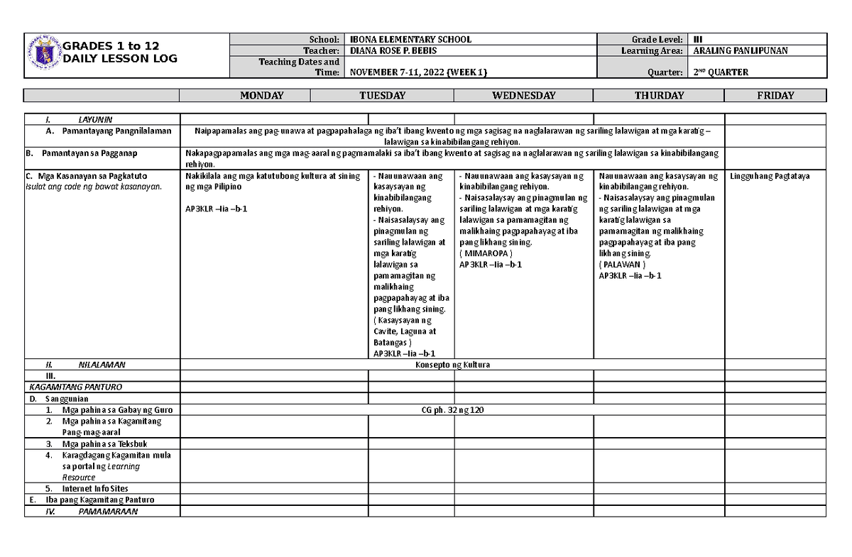 DLL Araling Panlipunan 3 Q2 W1 - GRADES 1 to 12 DAILY LESSON LOG School ...