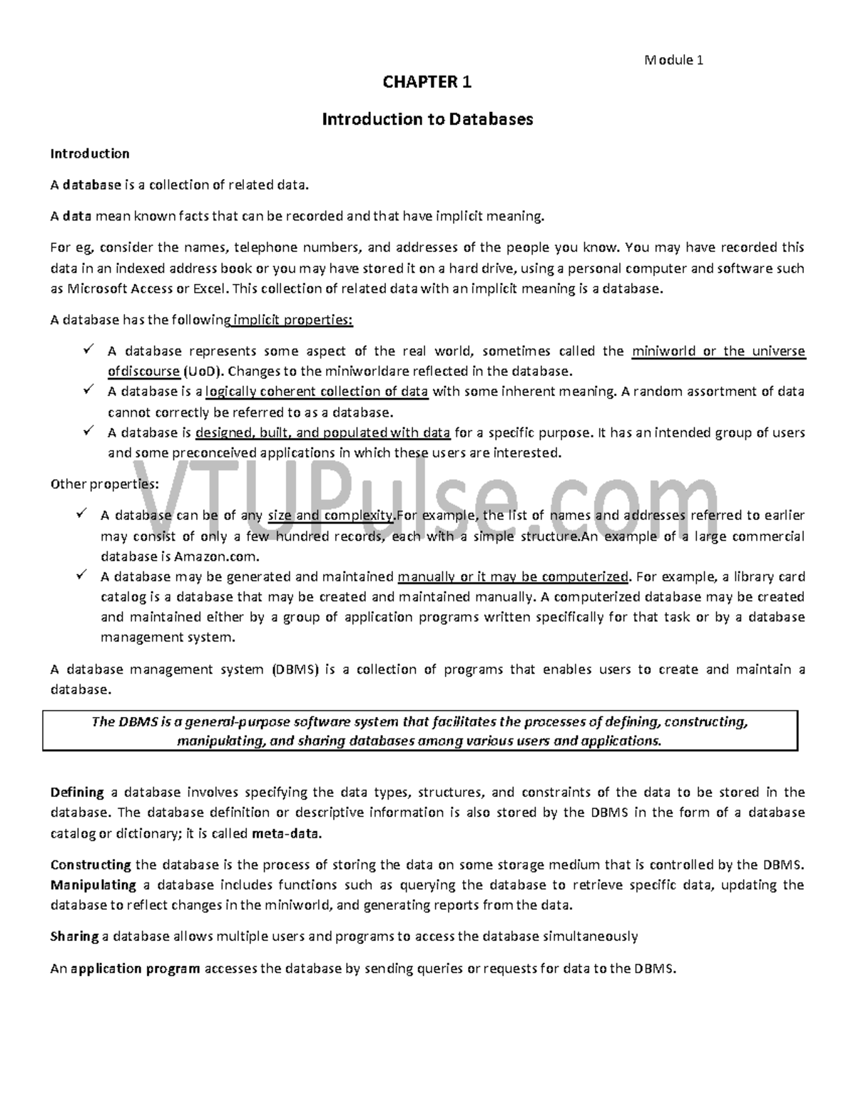 VTUPulse.com-DBMS-Mod - CHAPTER 1 Introduction to Databases Introduction A database is a ...