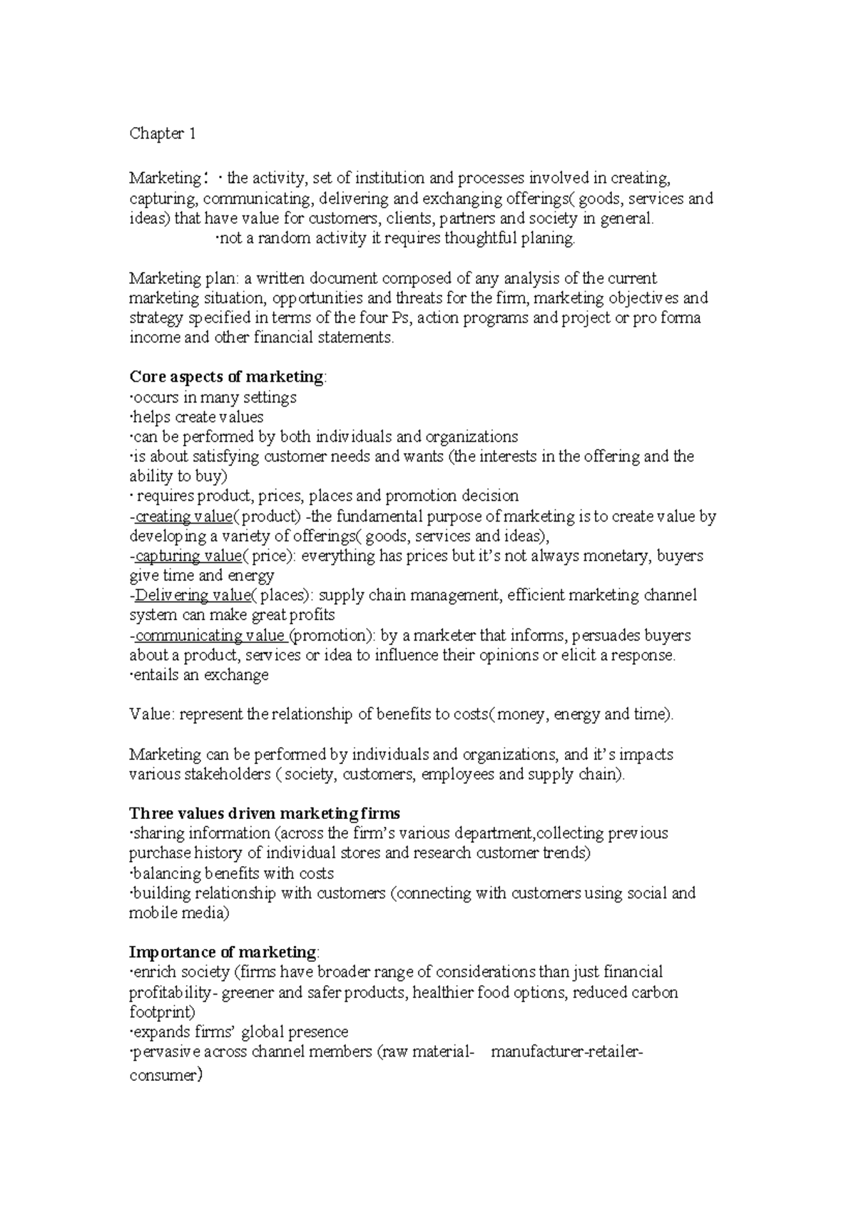 Introduction to Marketing - Chapter 1 Marketing：· the activity, set of ...