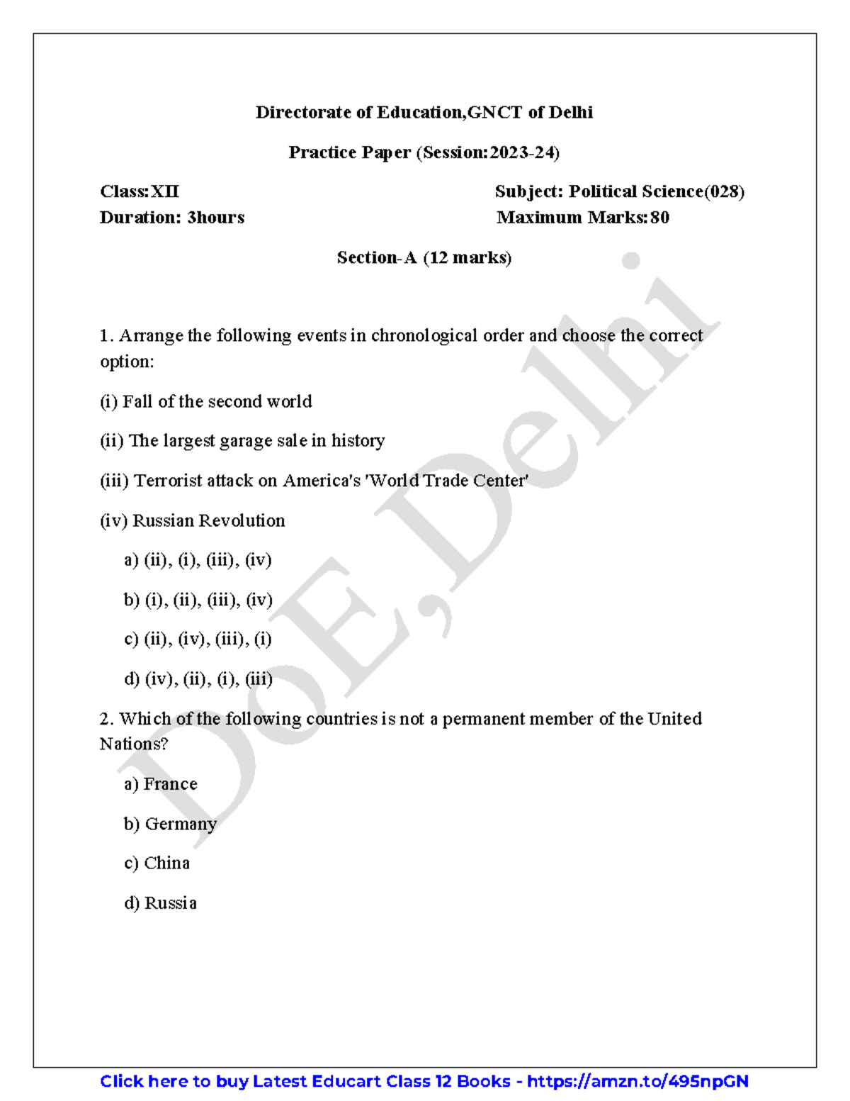 Class 12 Pol Sci Practice Paper 2023-24 Set 1 - Directorate of ...