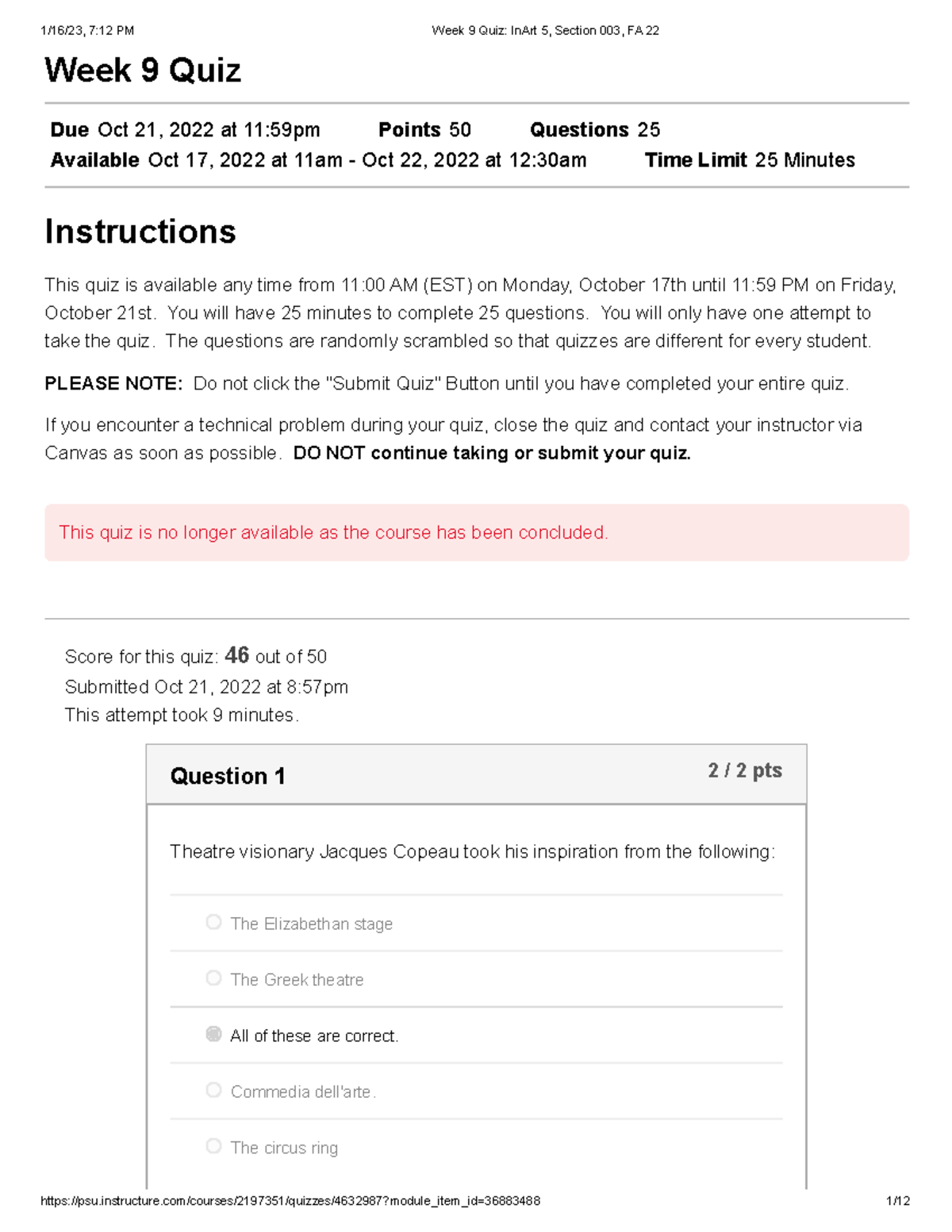 Week 9 Quiz In Art 5, Section 003, FA 22 - Week 9 Quiz Due Oct 21, 2022 at 11:59pm Points 50 ...