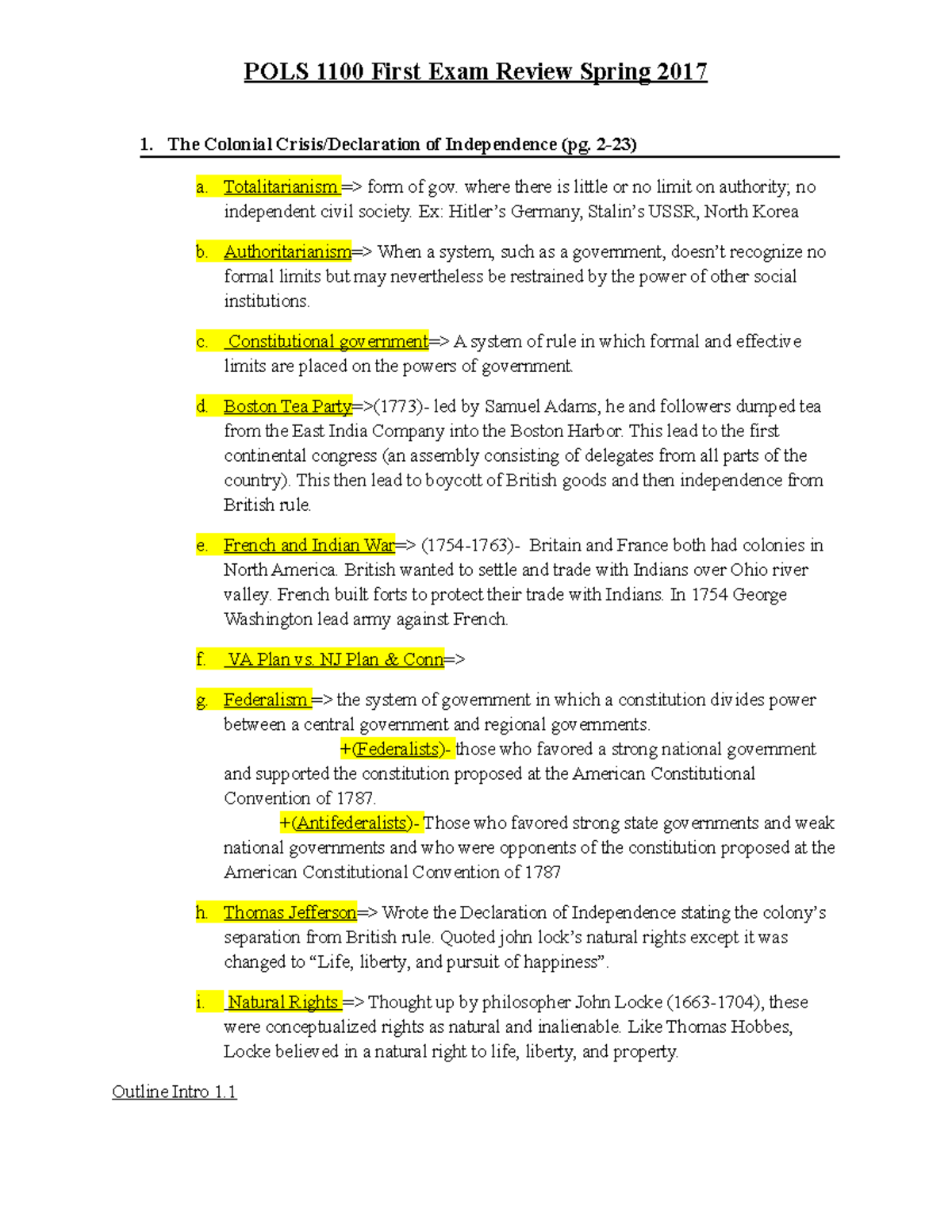 Exam 1 Study Guide - Summary of everything leading to Exam 1 - POLS ...