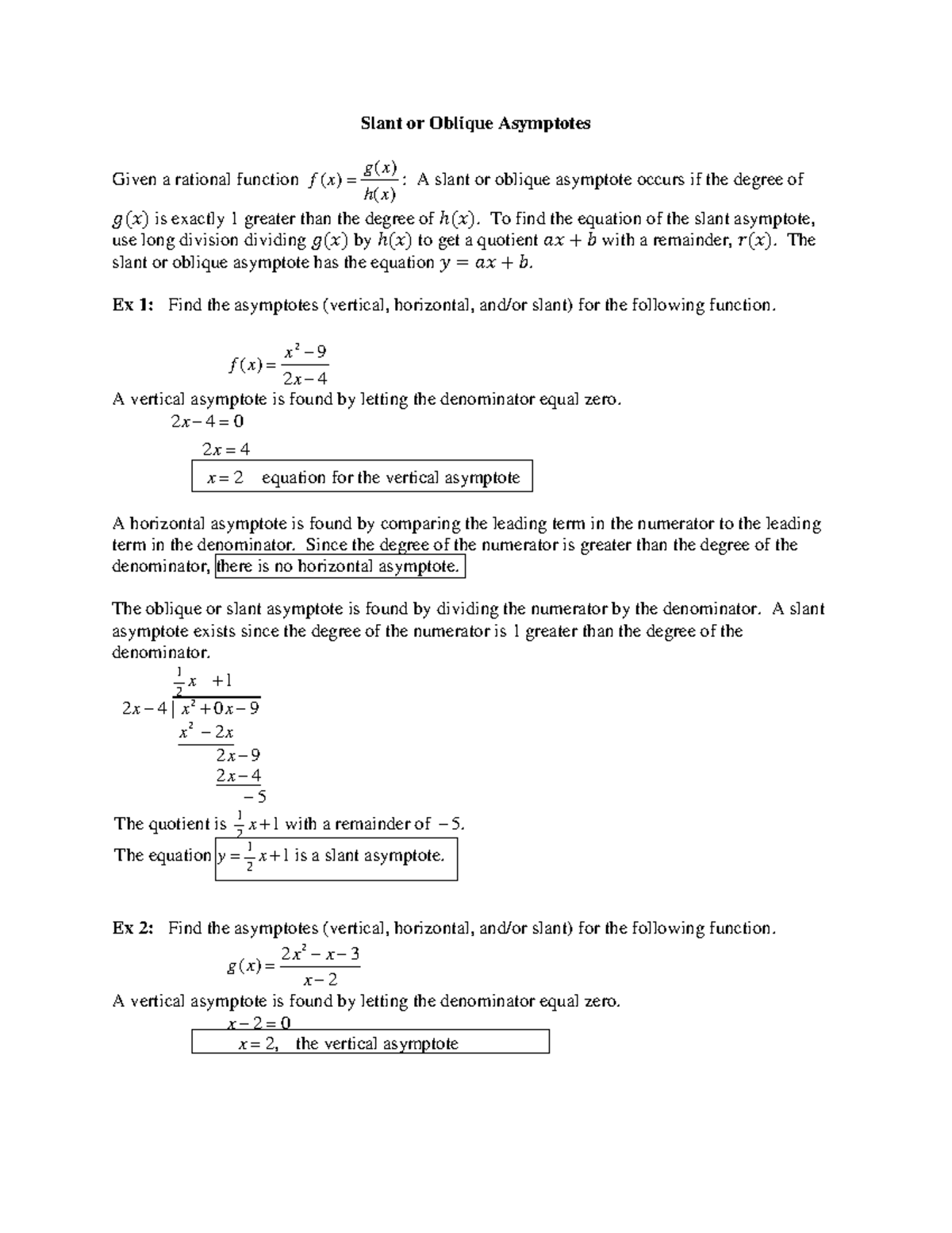 Slantsymptotes Practice On Asymptotes For Rational Functions Slant