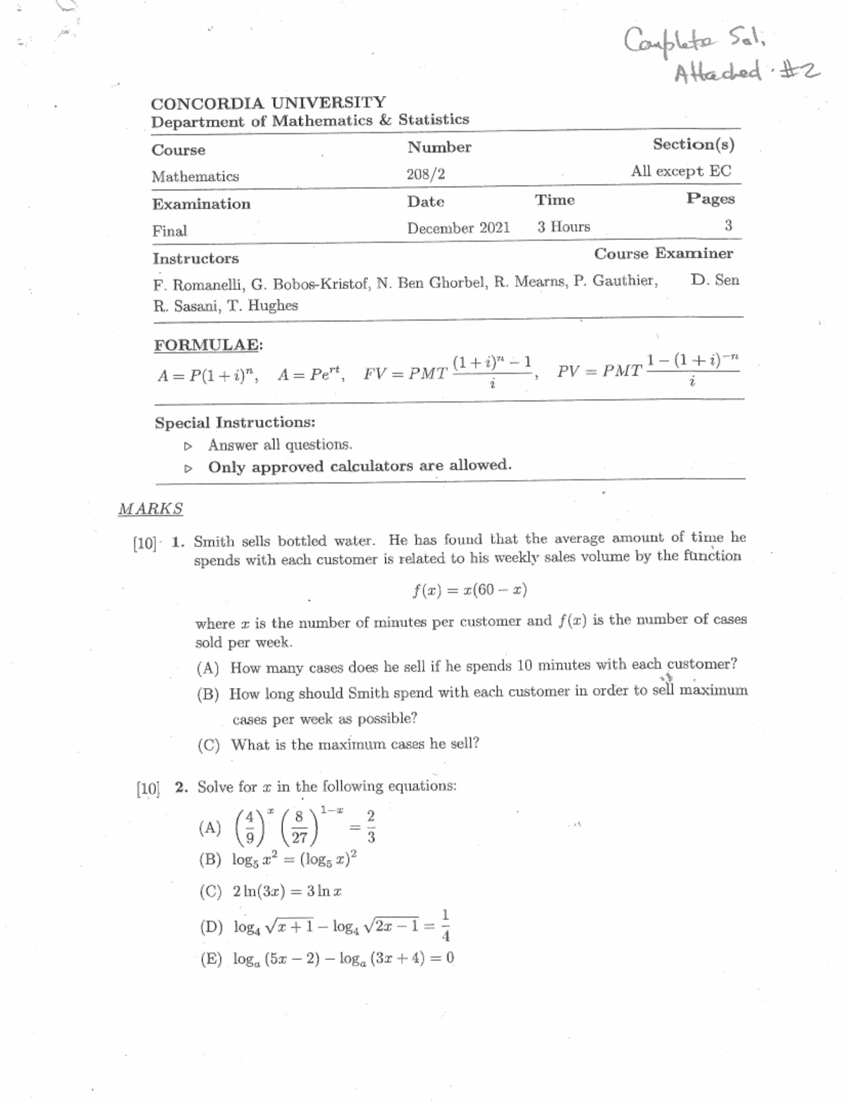 MATH 208 Final Exam Sample(December 2021) - Complete Sol, Attached ...