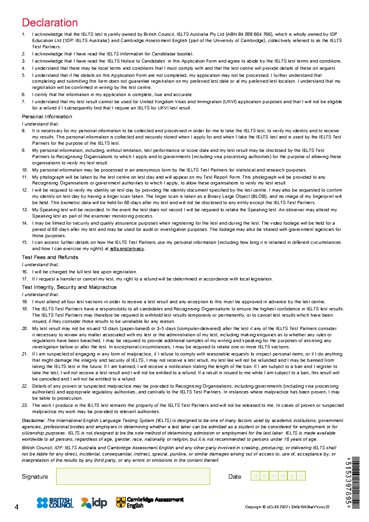 Ielts Declaration Page form - d d m m y y Declaration 1. I acknowledge ...