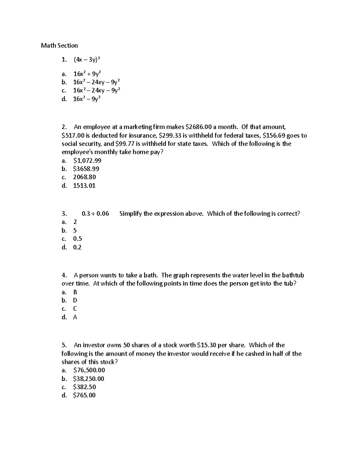 TEAS V (2) Math - Teas - Math Section 1. (4x – 3y) 2 a. 16x 2 + 9y 2 b ...
