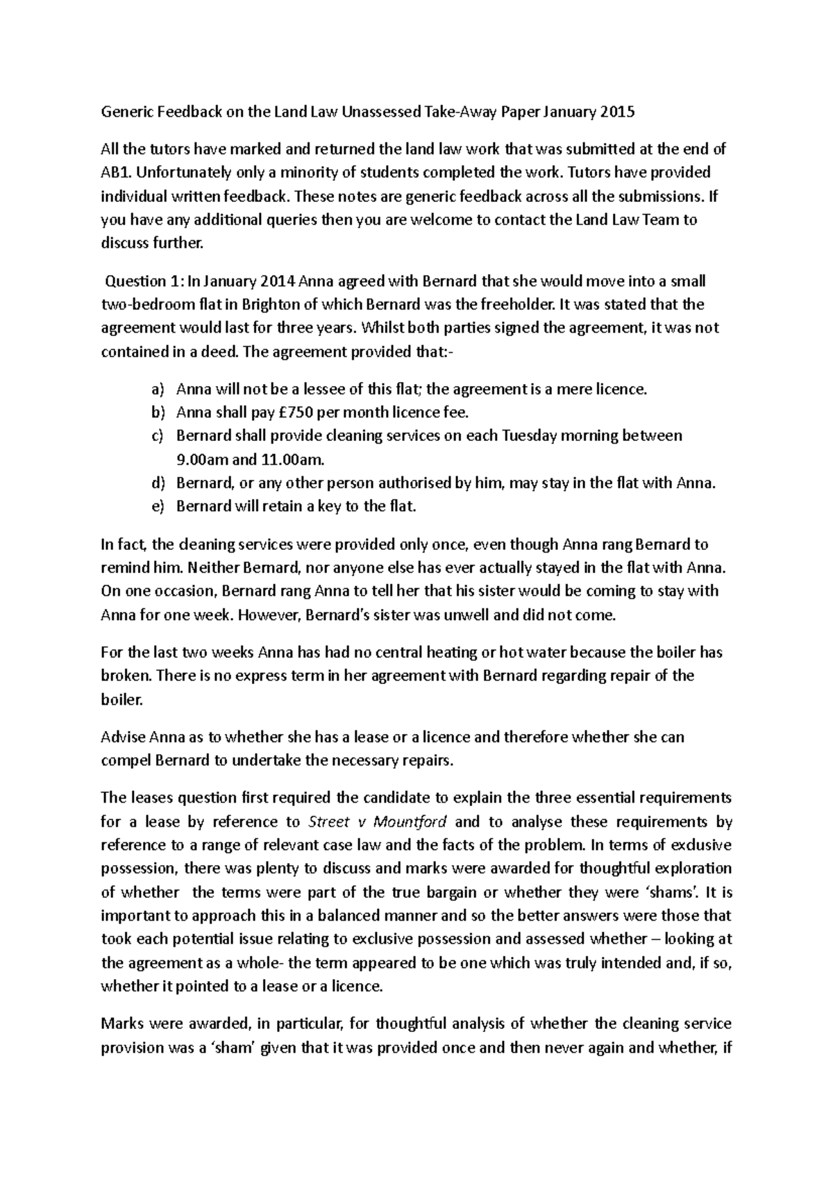 Exam 2015, answers - Generic Feedback on the Land Law Unassessed Take ...