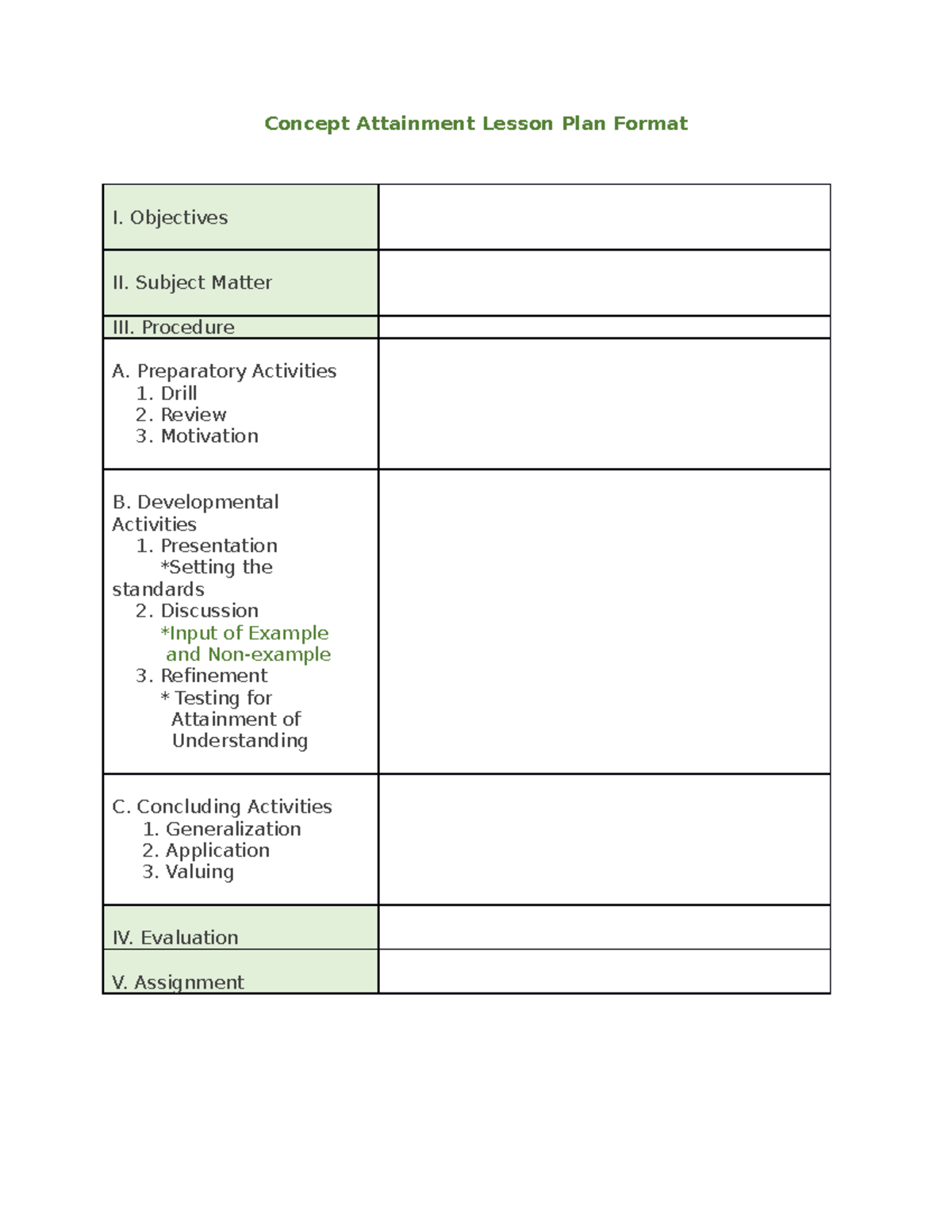Lesson Plan Templates - Concept Attainment Lesson Plan Format I ...