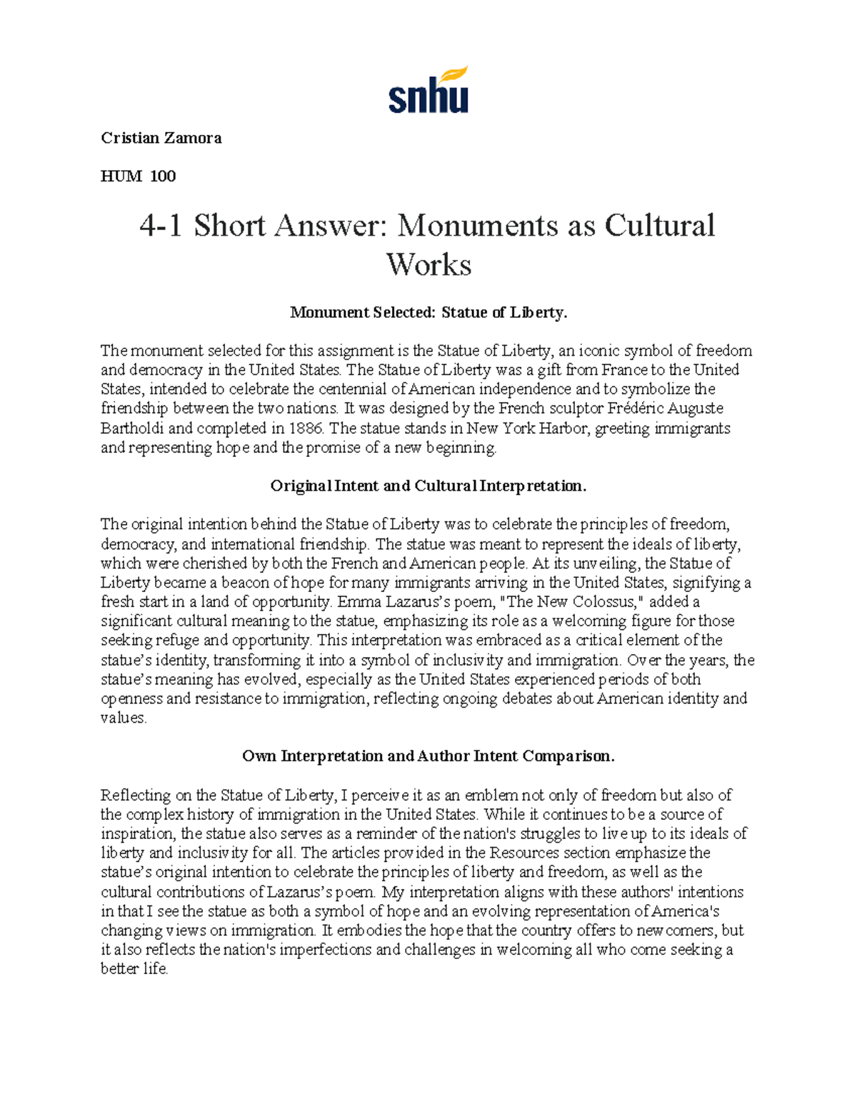 4-1 Short Answer- Monuments as Cultural Works - Cristian Zamora HUM 100 ...