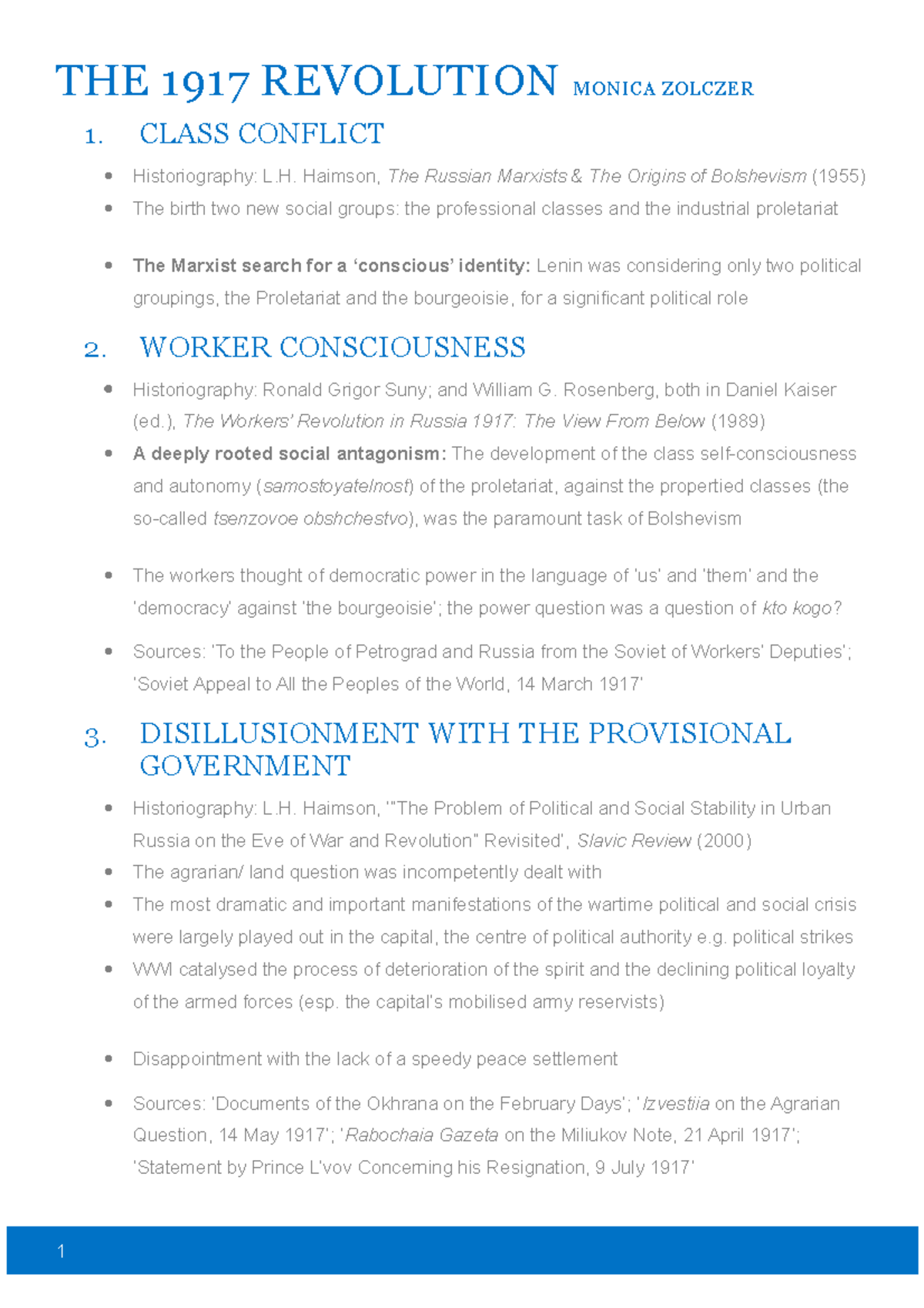 Presentation Handout - THE 1917 REVOLUTION 1. MONICA ZOLCZER CLASS CONFLICT Historiography: L ...