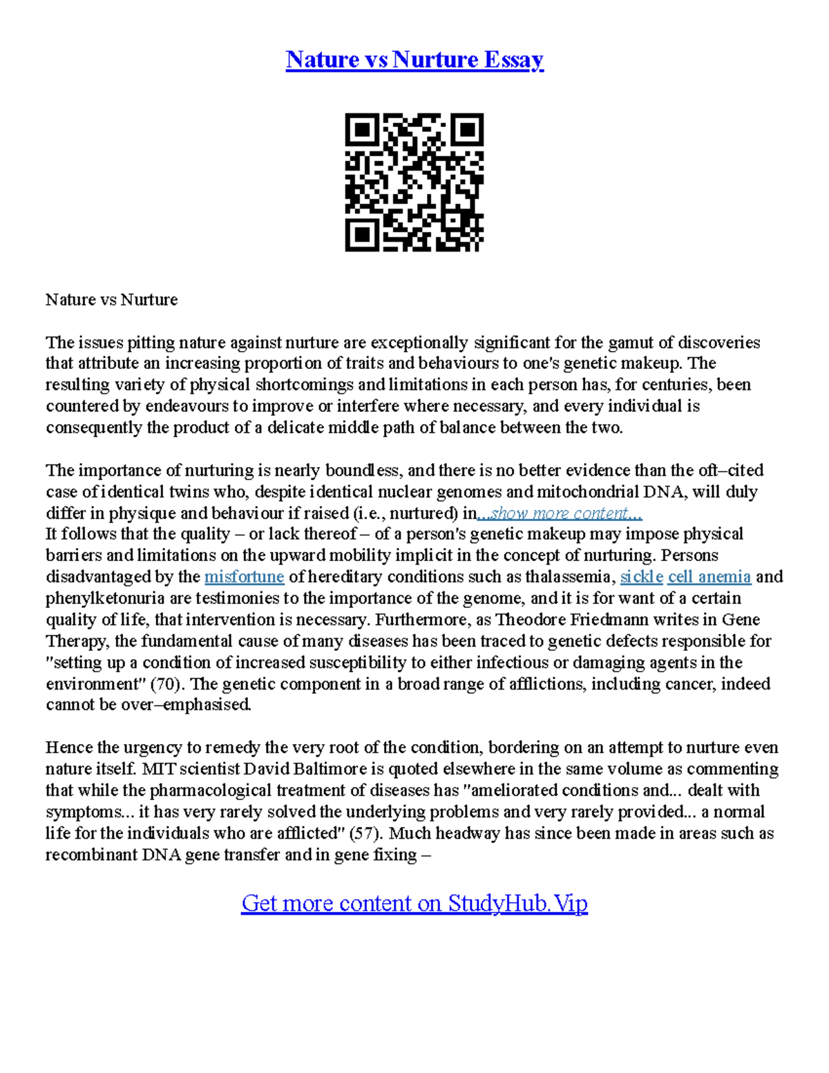 Essays On Nature Vs Nurture - Nature vs Nurture Essay Nature vs Nurture ...