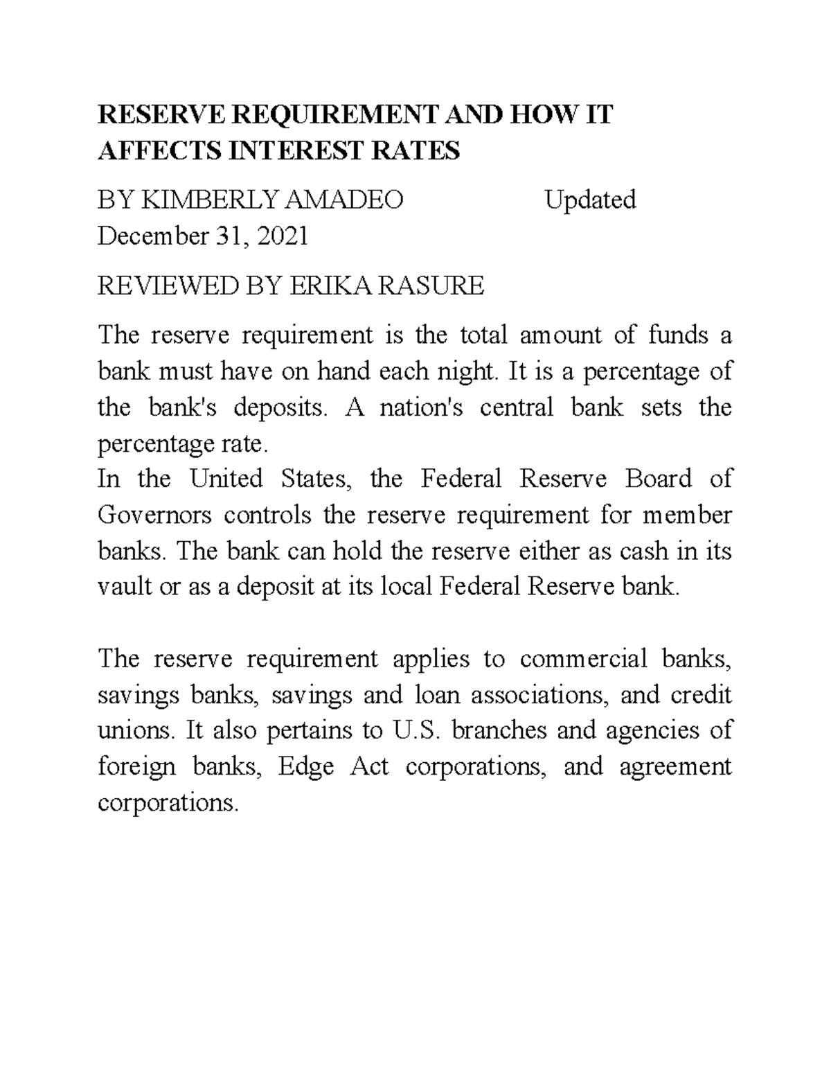 Reserve Requirement AND HOW IT Affects Interest Rates - RESERVE ...
