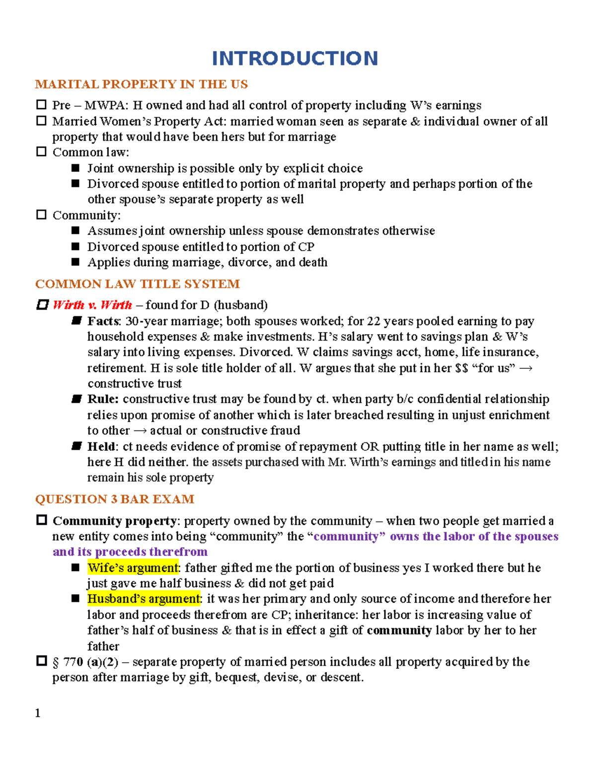 Community Property Outline - INTRODUCTION MARITAL PROPERTY IN THE US ...