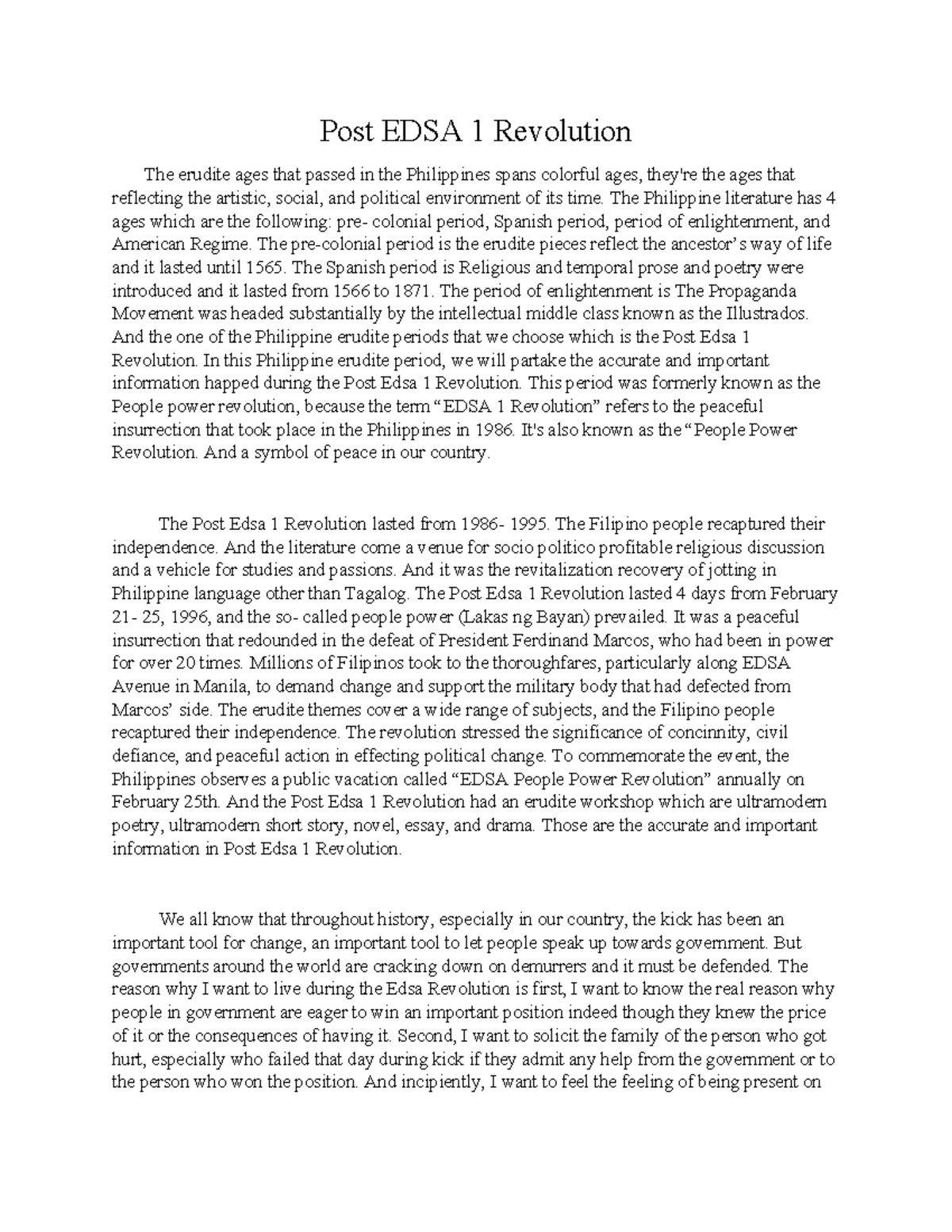 21ST Essay FPT - example - Post EDSA 1 Revolution The erudite ages that ...