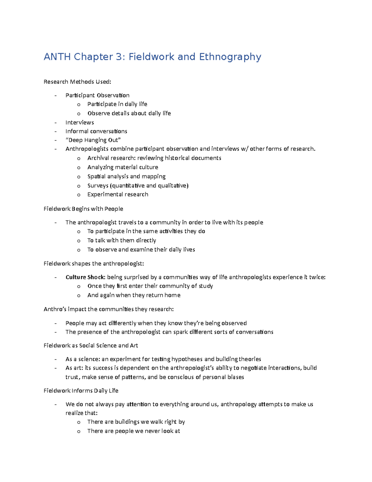 ANTH Chapter 3 - Jessie Fredlund - ANTH Chapter 3: Fieldwork and ...