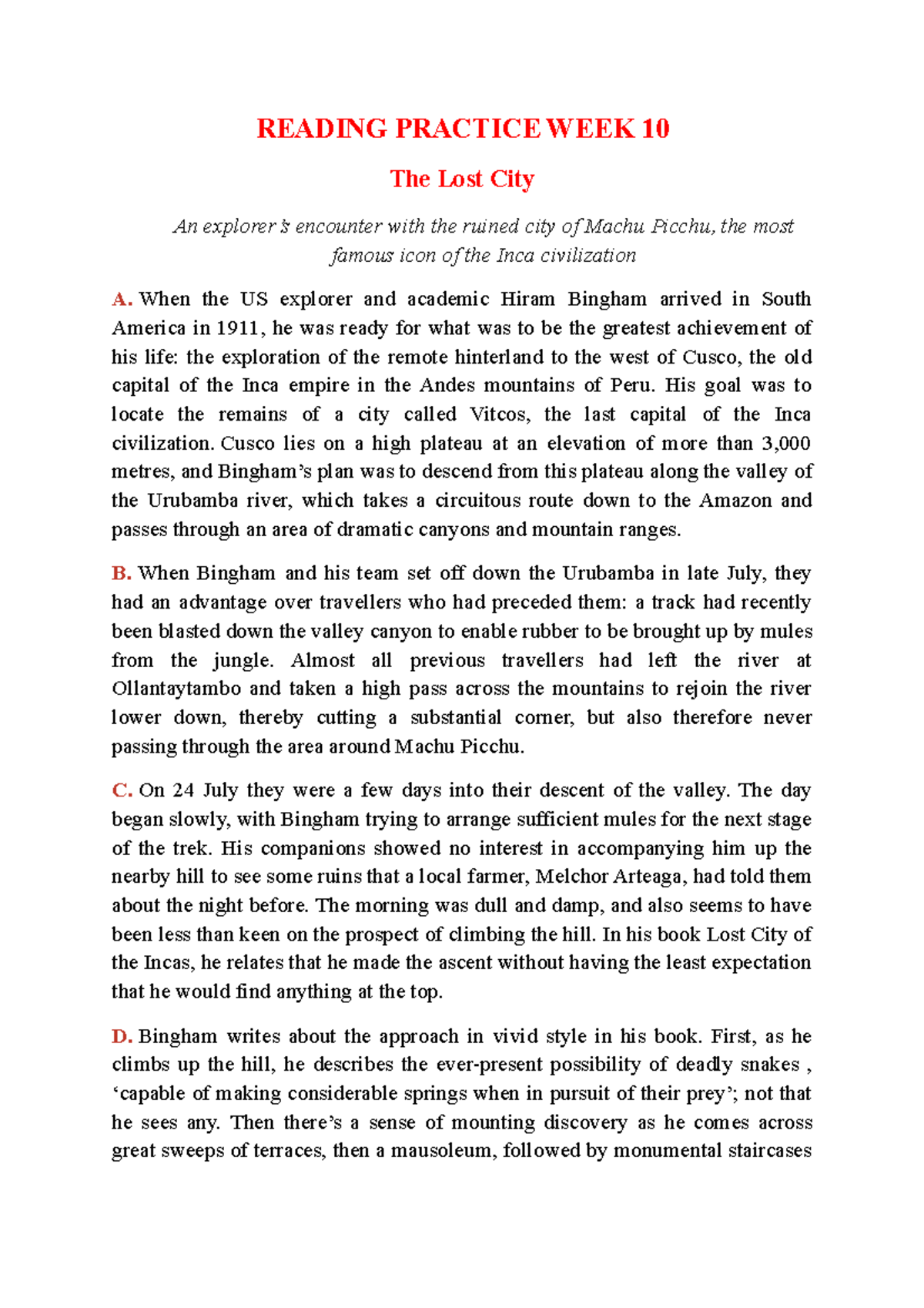 Reading Practice WEEK 10 - READING PRACTICE WEEK 10 The Lost City An explorer’s encounter with ...