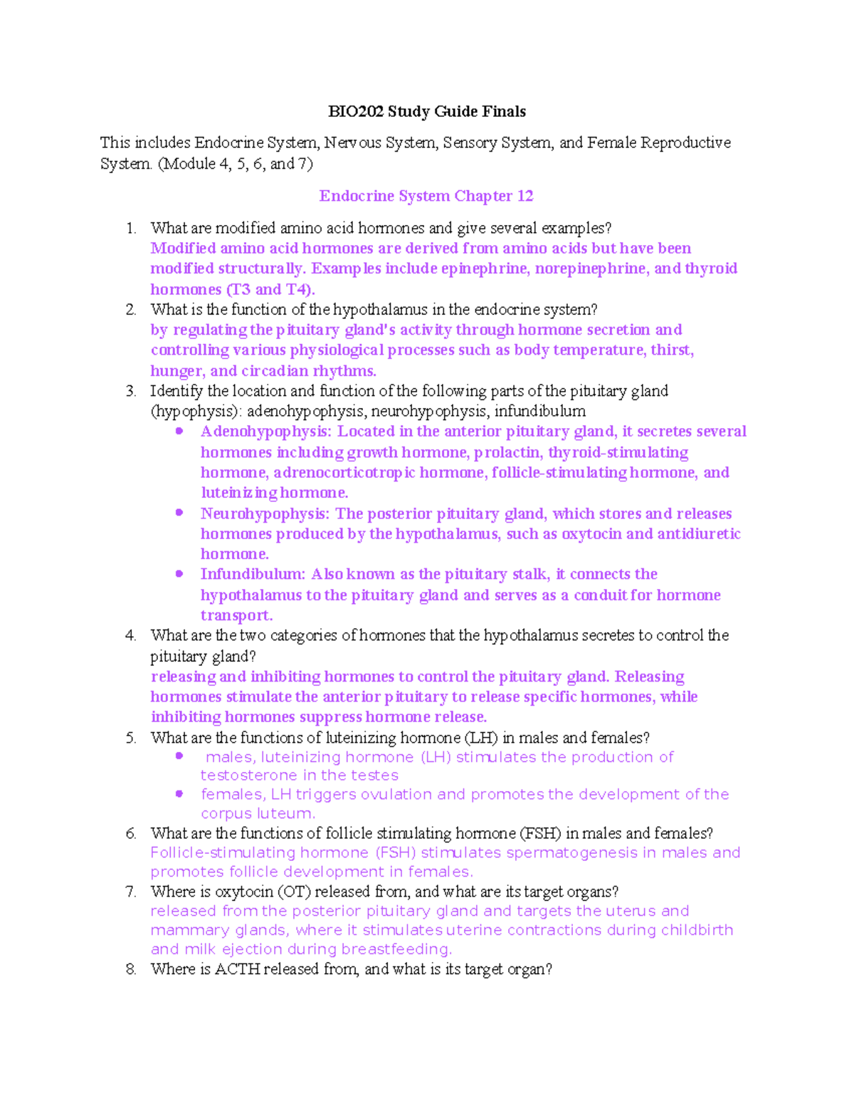 BIO202 Final Study Guide - BIO202 Study Guide Finals This includes Endocrine System, Nervous ...