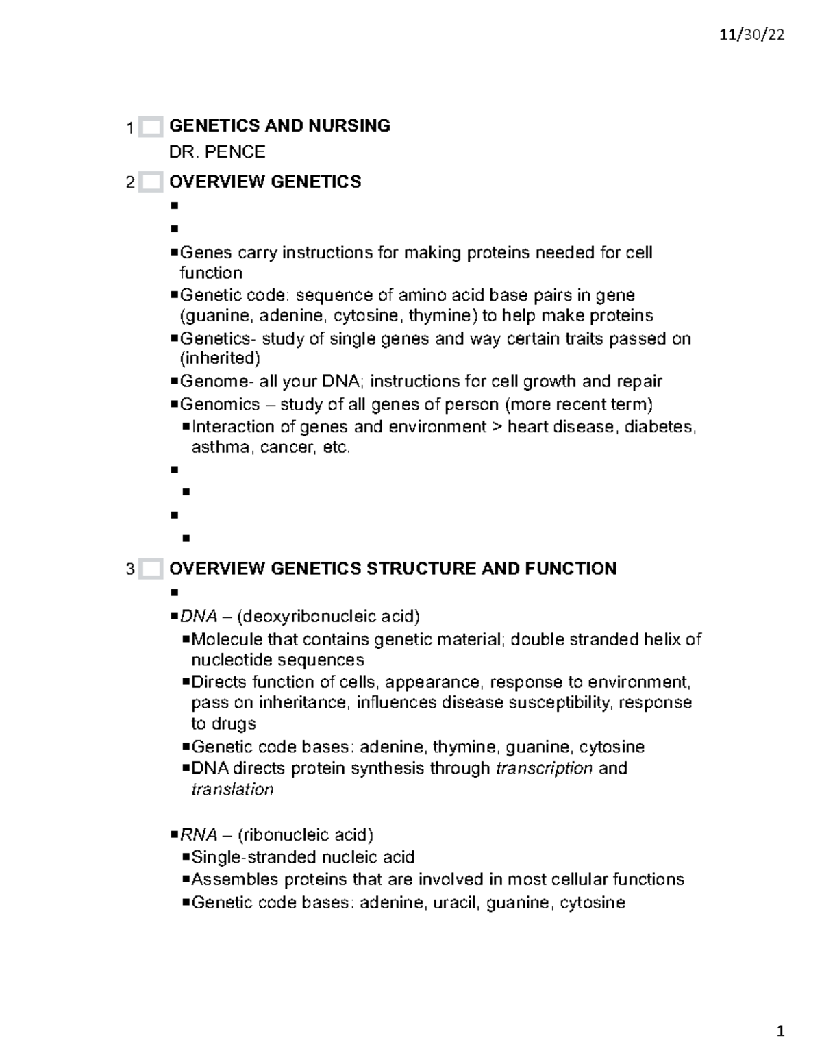 239 genetics - 11/30/ 1 GENETICS AND NURSING DR. PENCE OVERVIEW ...