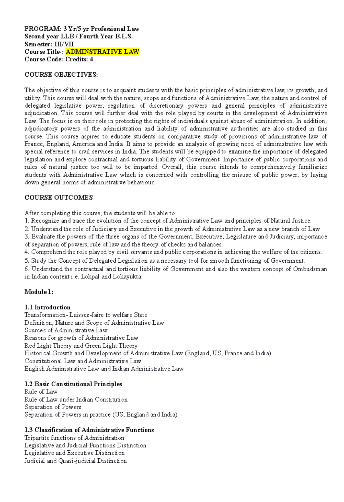 Adminstrative LAW Program - PROGRAM: 3 Yr/5 yr Professional Law Second ...